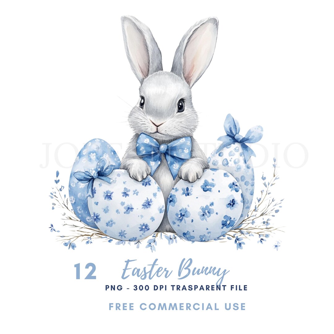 Easter Bunny Blue Clipart PNG Bundle 12 High Quality| Watercolor Bunny ...