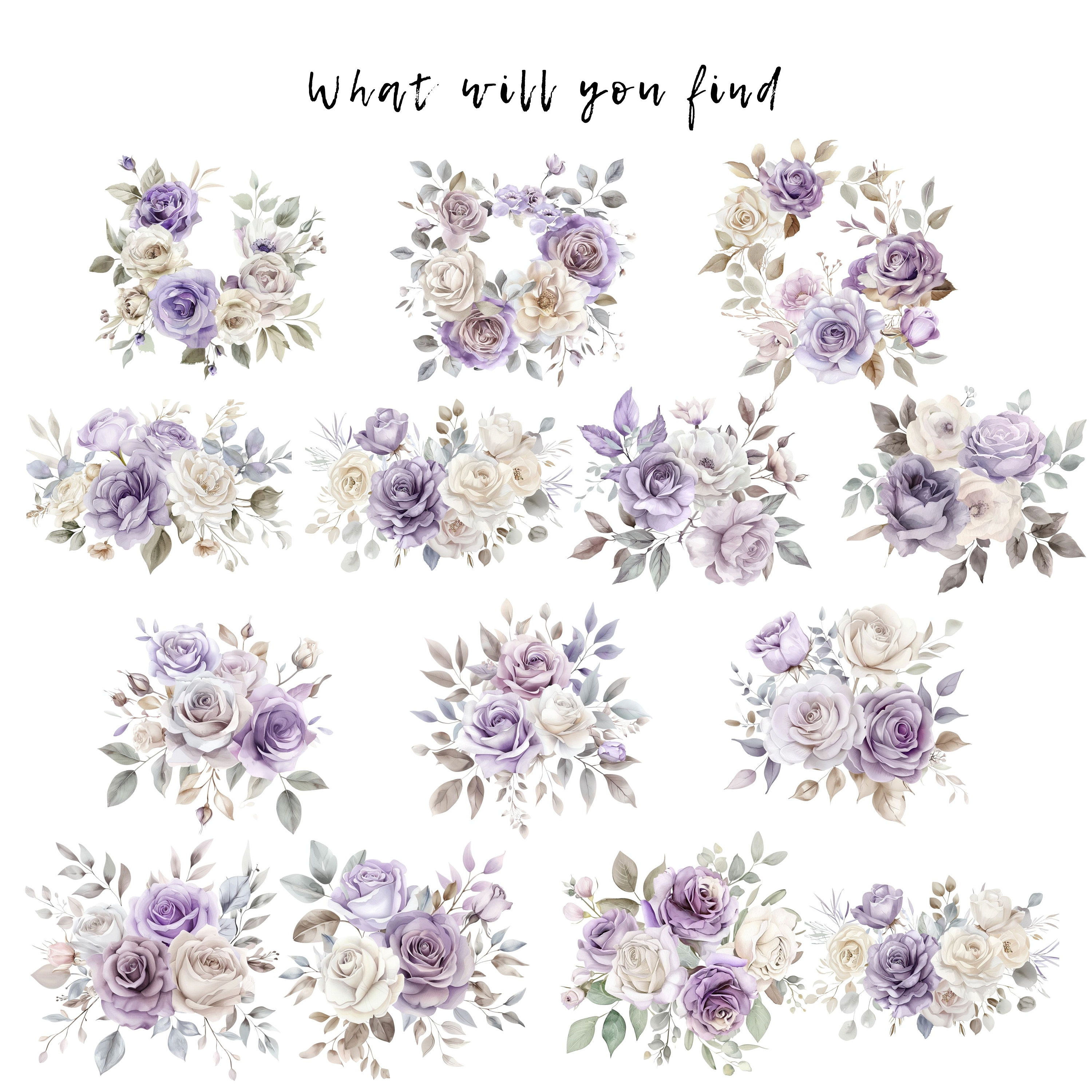 Watercolor Dusty Lilac Rose Branch,garland Border Clipart Bundle 14 ...