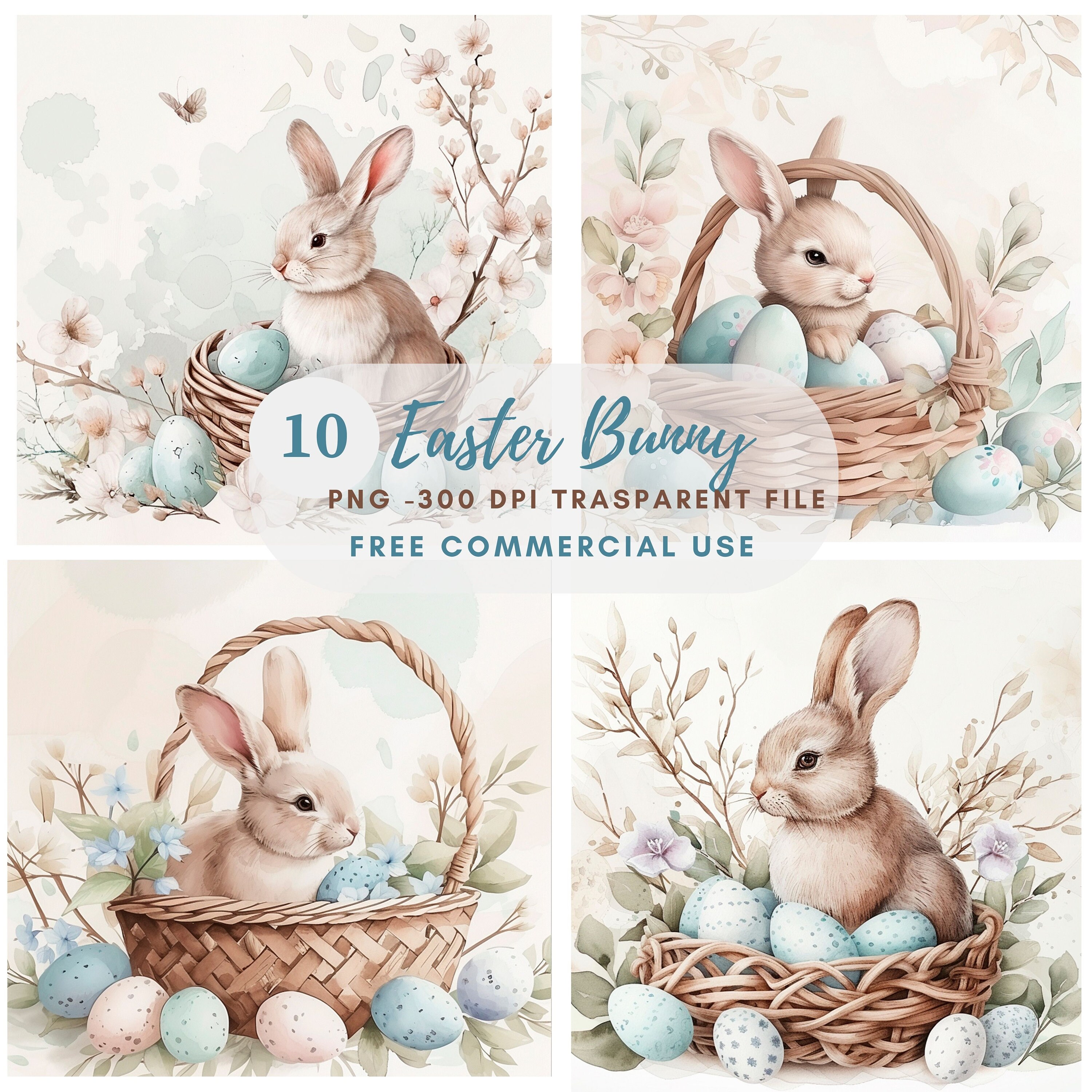 Easter Bunny Clipart PNG Bundle 10 High Quality JPG, Easter Watercolor ...