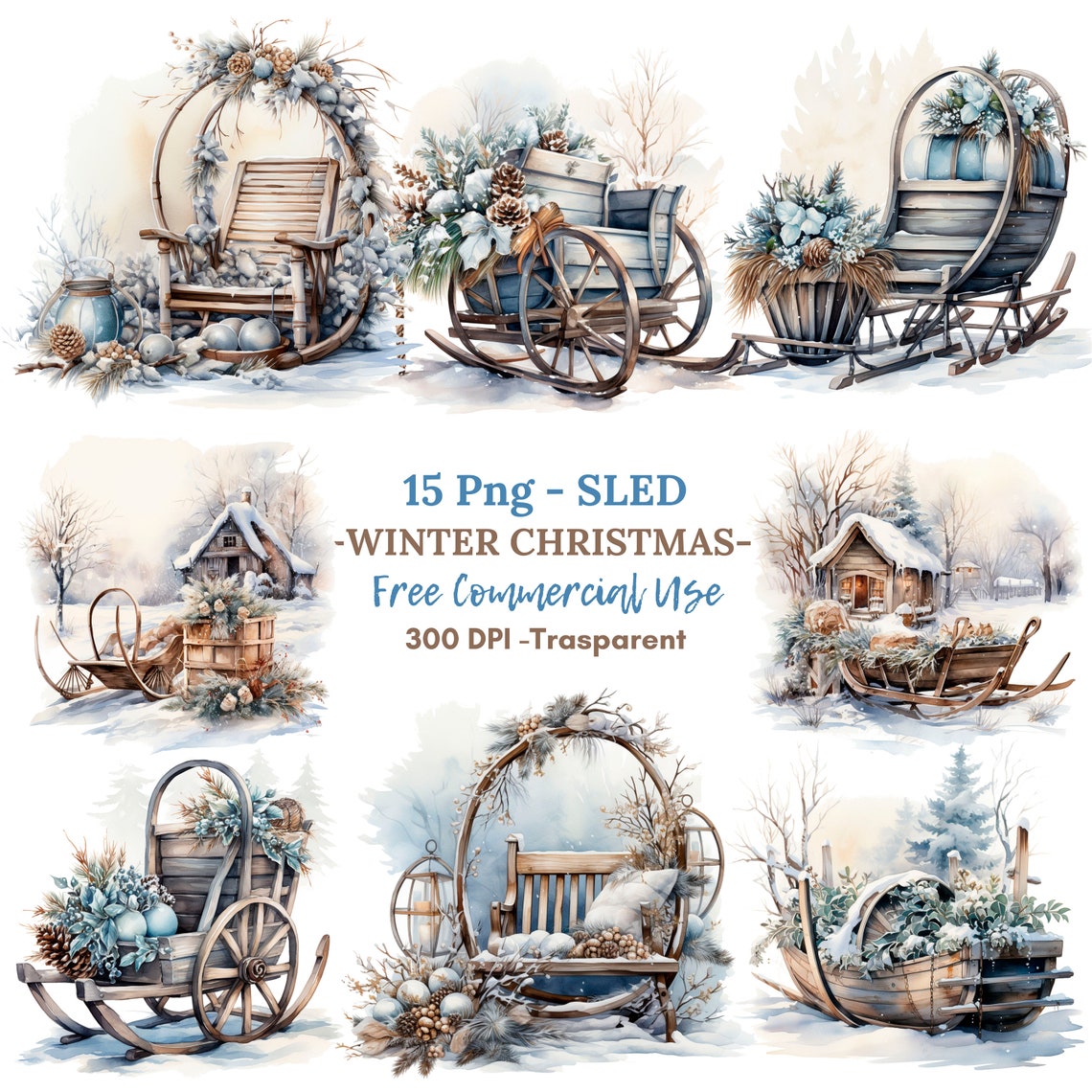 Winter Sled Clipart Png,bundle 15 High Quality Jpg,digital Download ...