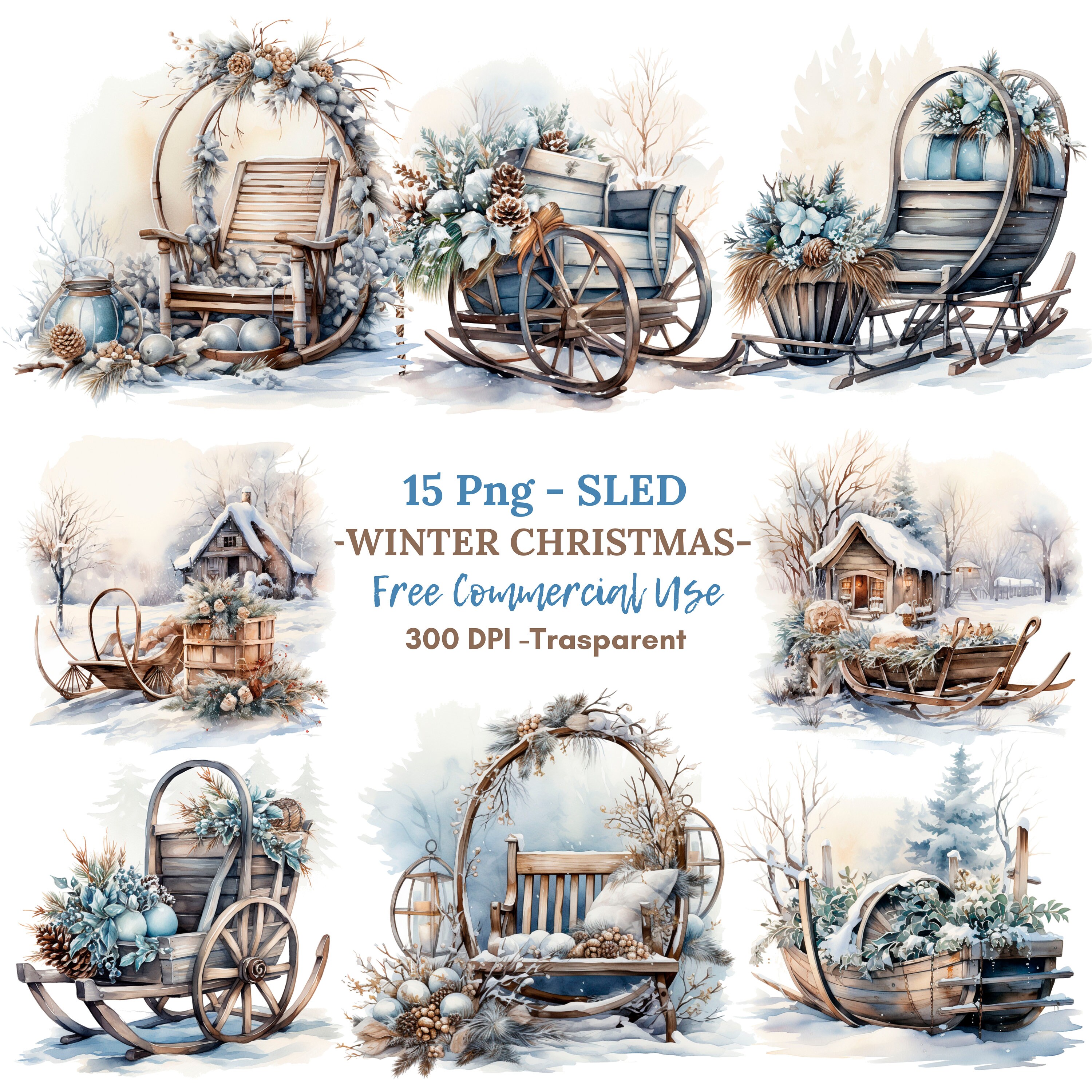 Winter Sled Clipart Png,bundle 15 High Quality Jpg,digital Download ...