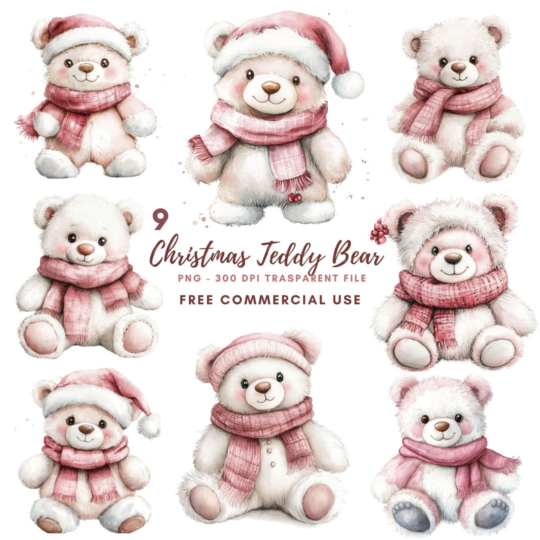 Christmas Teddy Bear Clipart, Watercolor 9 High Quality Png,pink Winter ...