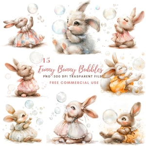 Cute Bunny Clipart PNG Bundle 15 High Quality,watercolor Bunny Bubbles ...
