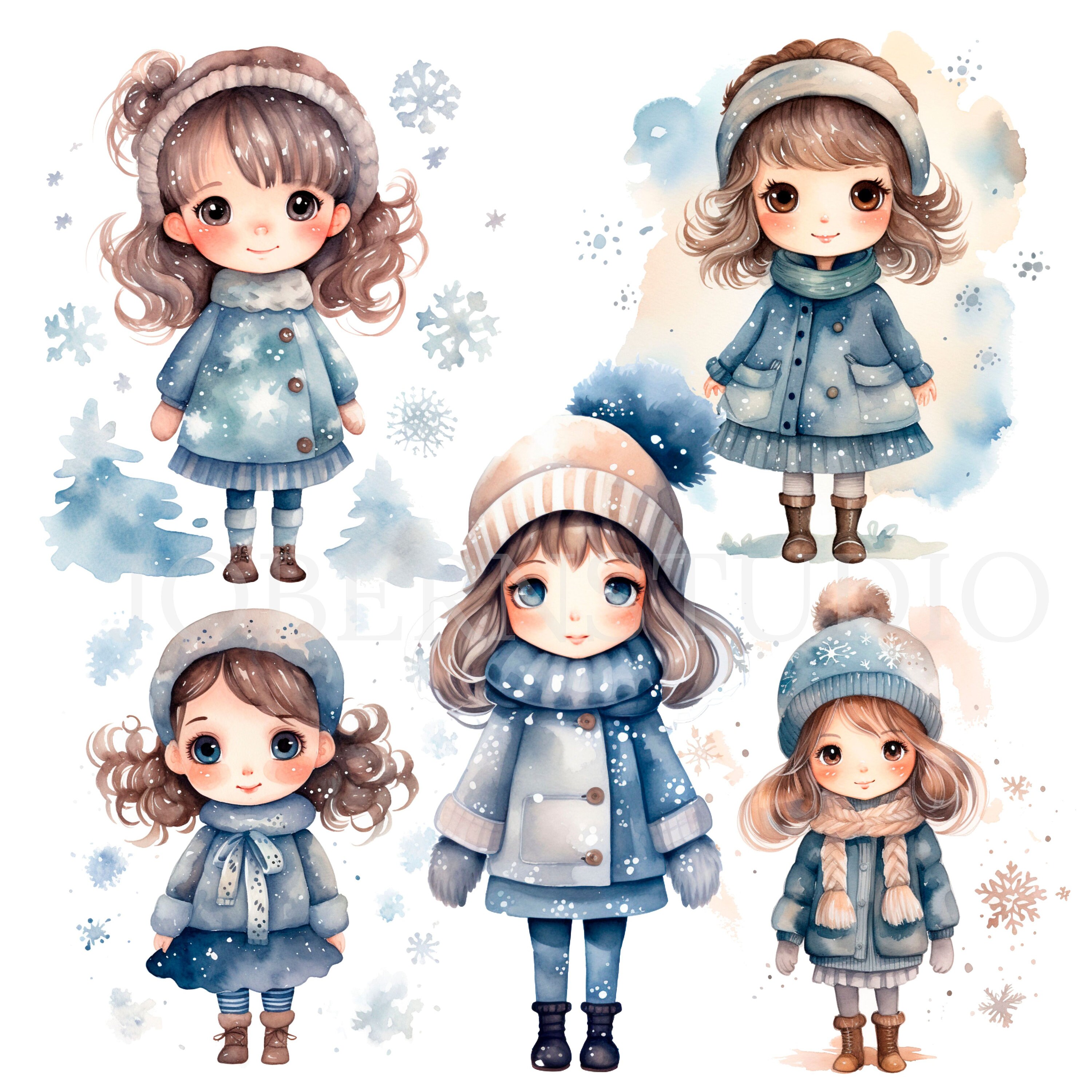 Winter Girl Watercolor Clipart PNG, 15 High Quality Jpgs,digital ...
