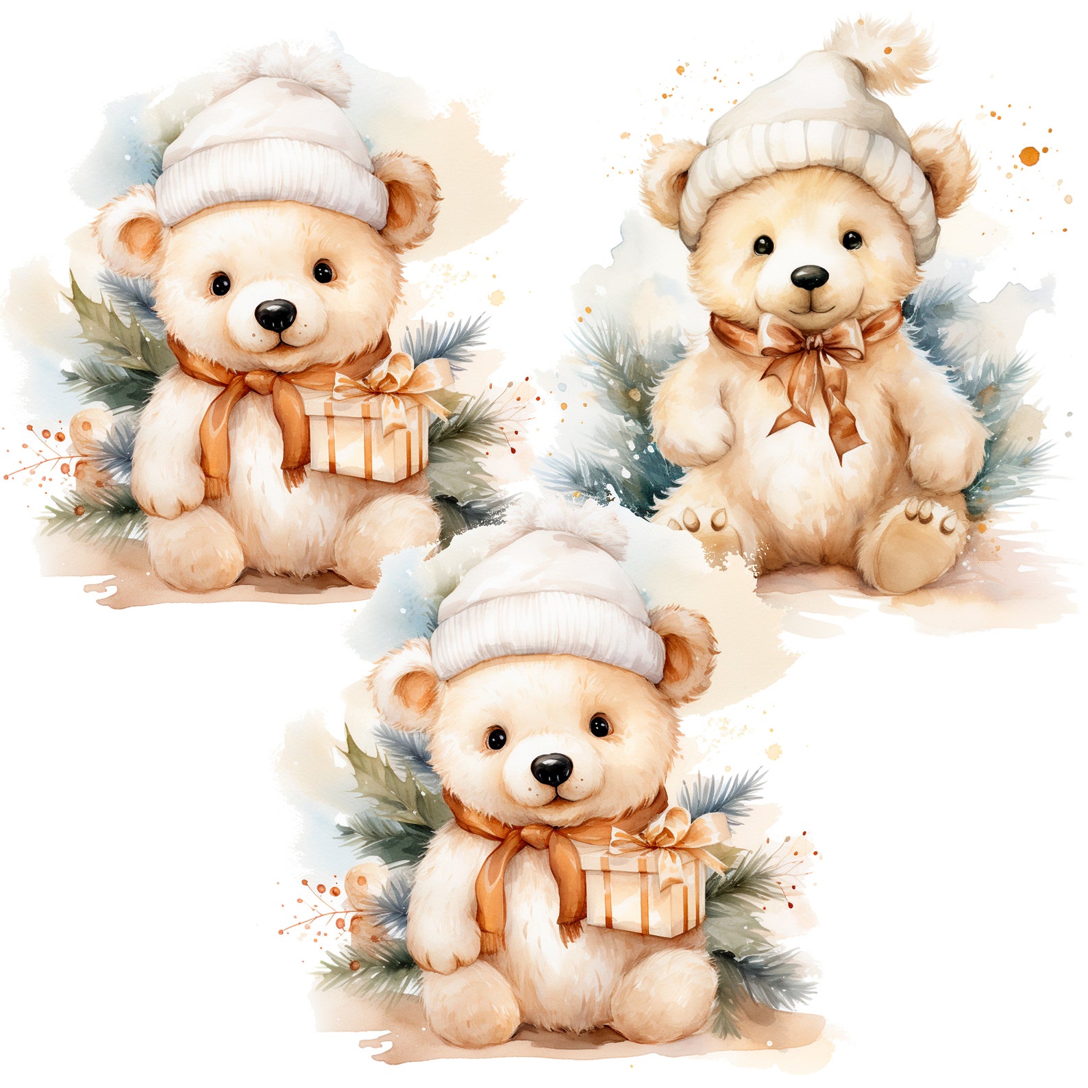 Christmas Teddy Bear, Watercolor Clipart PNG,15 High Quality Jpgs ...