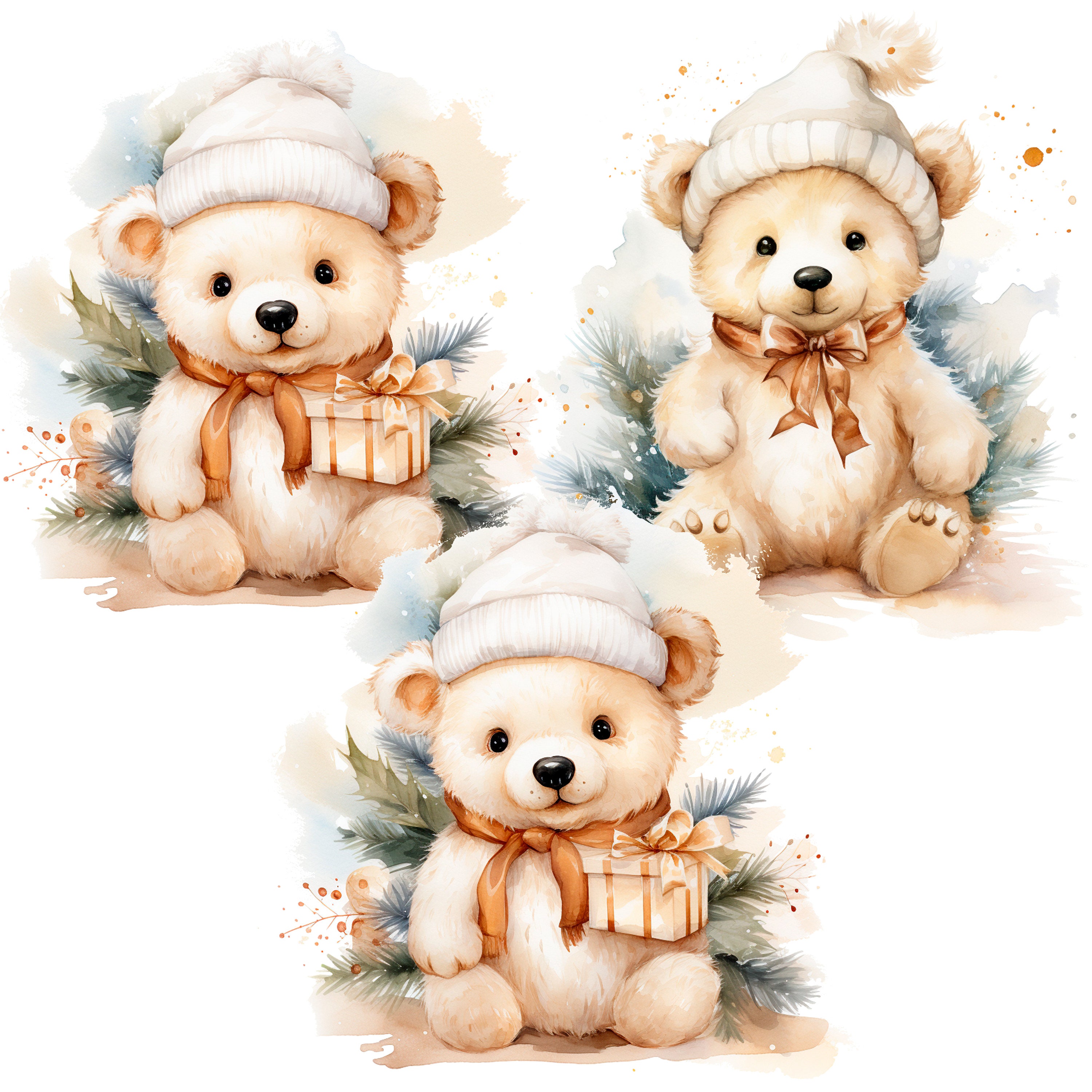 Christmas Teddy Bear, Watercolor Clipart PNG,15 High Quality Jpgs ...