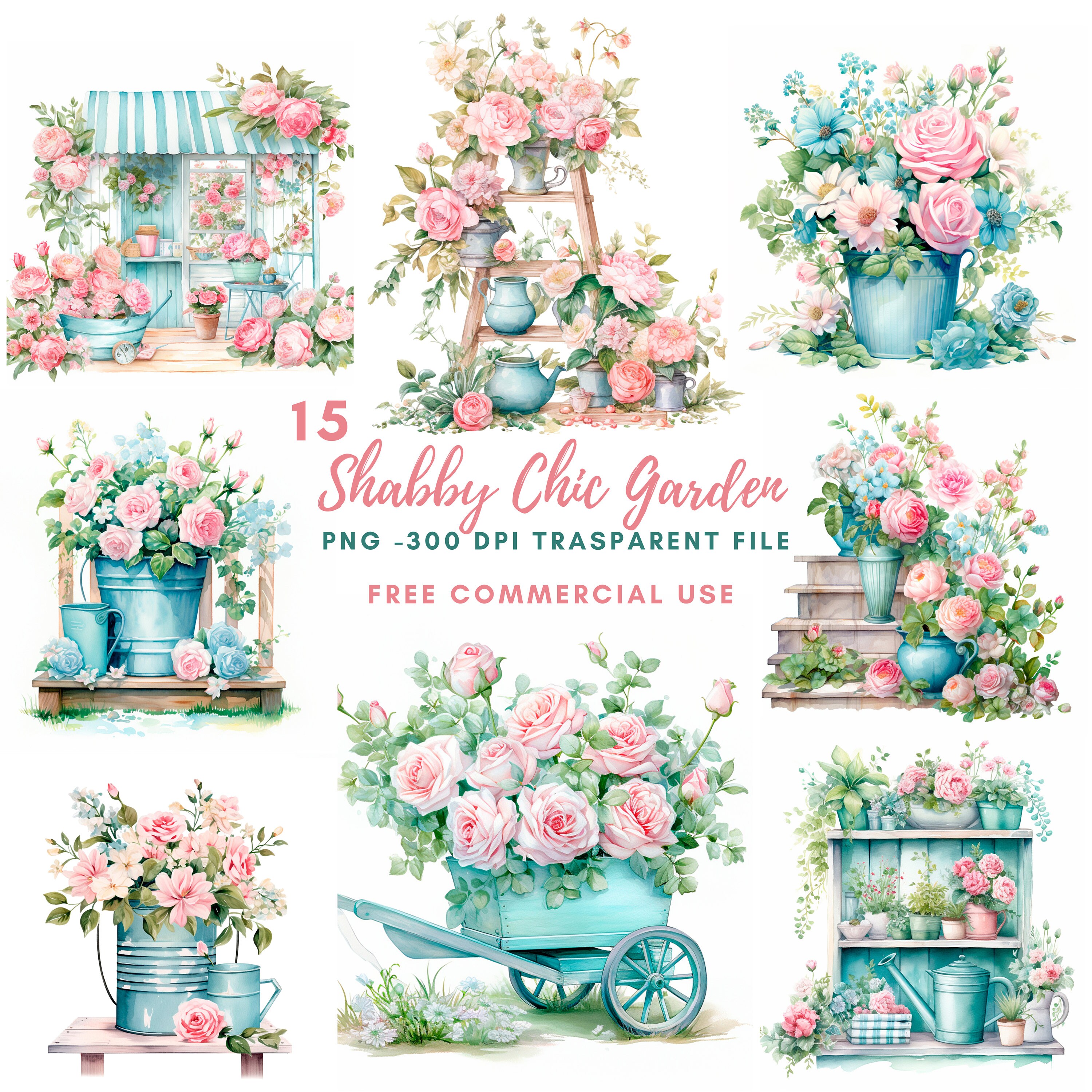 Shabby Chic Garden Clipart Bundle 15 High Quality Png,pink Flower ...