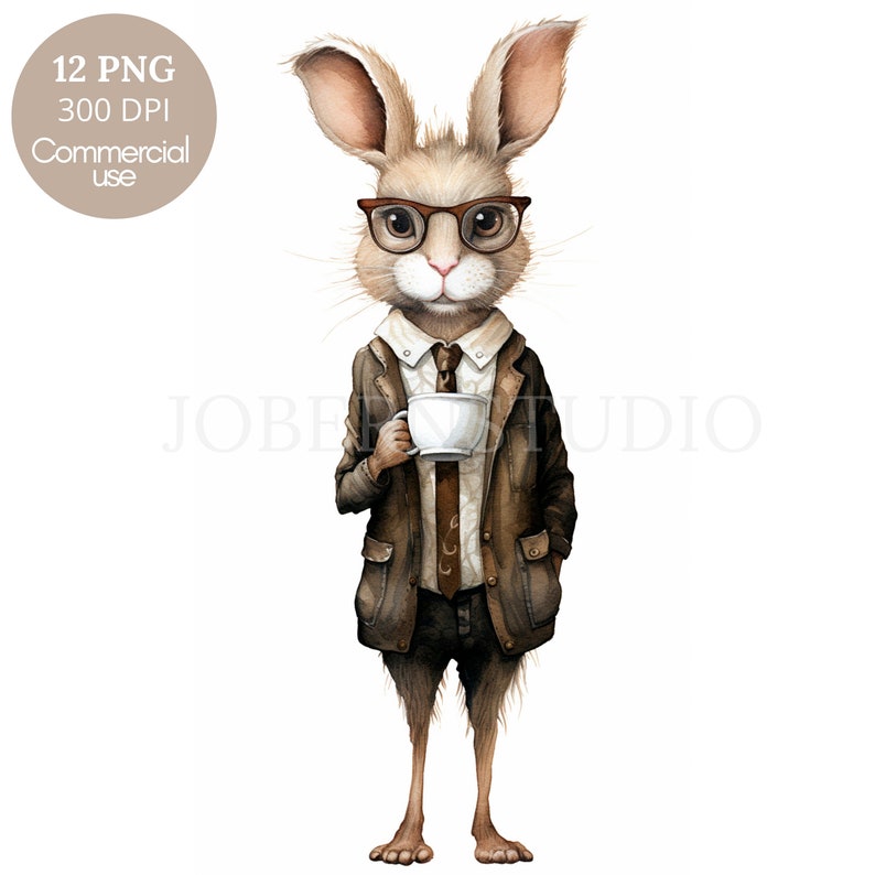 Bunny With Coffee Clipart PNG Bundle 12 High Quality JPG, Watercolor ...