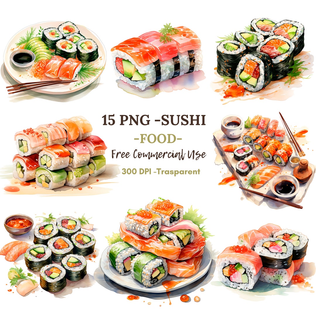 Tasty Sushi Clipart Bundle 15 High Quality Png,watercolor Japanese Food ...