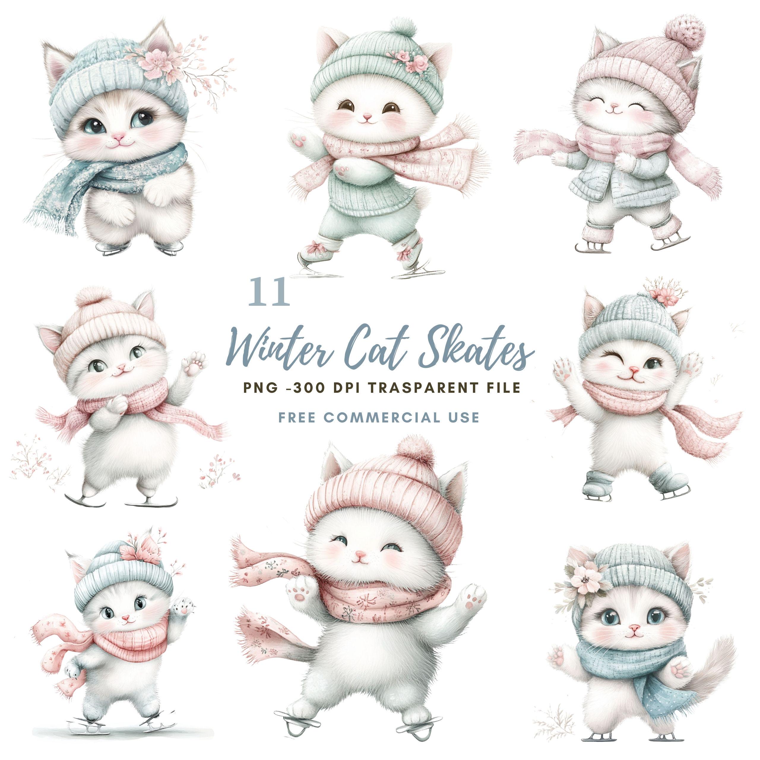 Winter Cat Clipart PNG Bundle 11 High Quality | Winter Skater Cute Cat ...