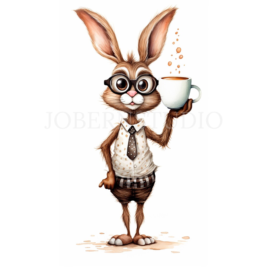 Bunny With Coffee Clipart PNG Bundle 12 High Quality JPG, Watercolor ...