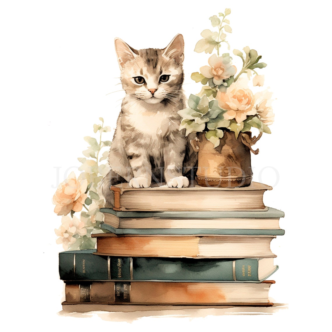 Book and Cat Clipart Bundle 15 High Quality Png,watercolor Home Decor ...