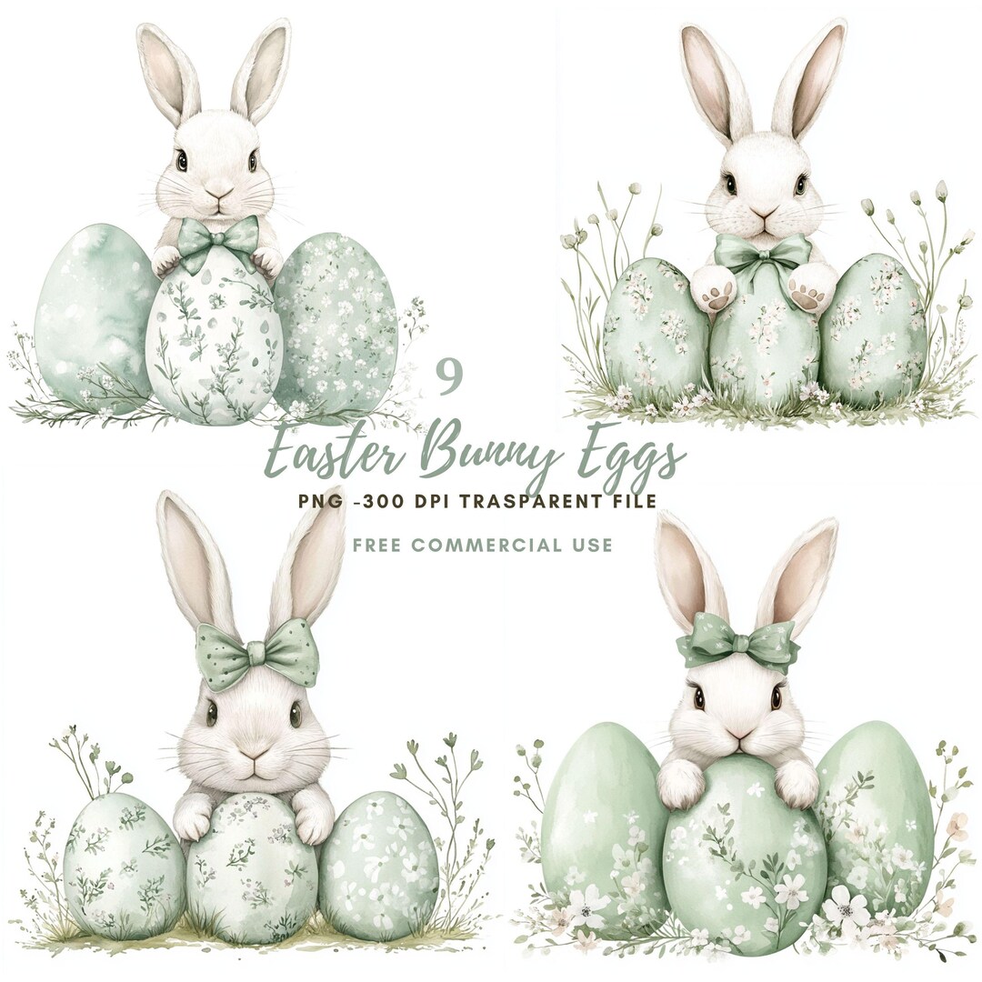 Easter Bunny Tile Green Clipart PNG Bundle 8 High Quality| Watercolor ...