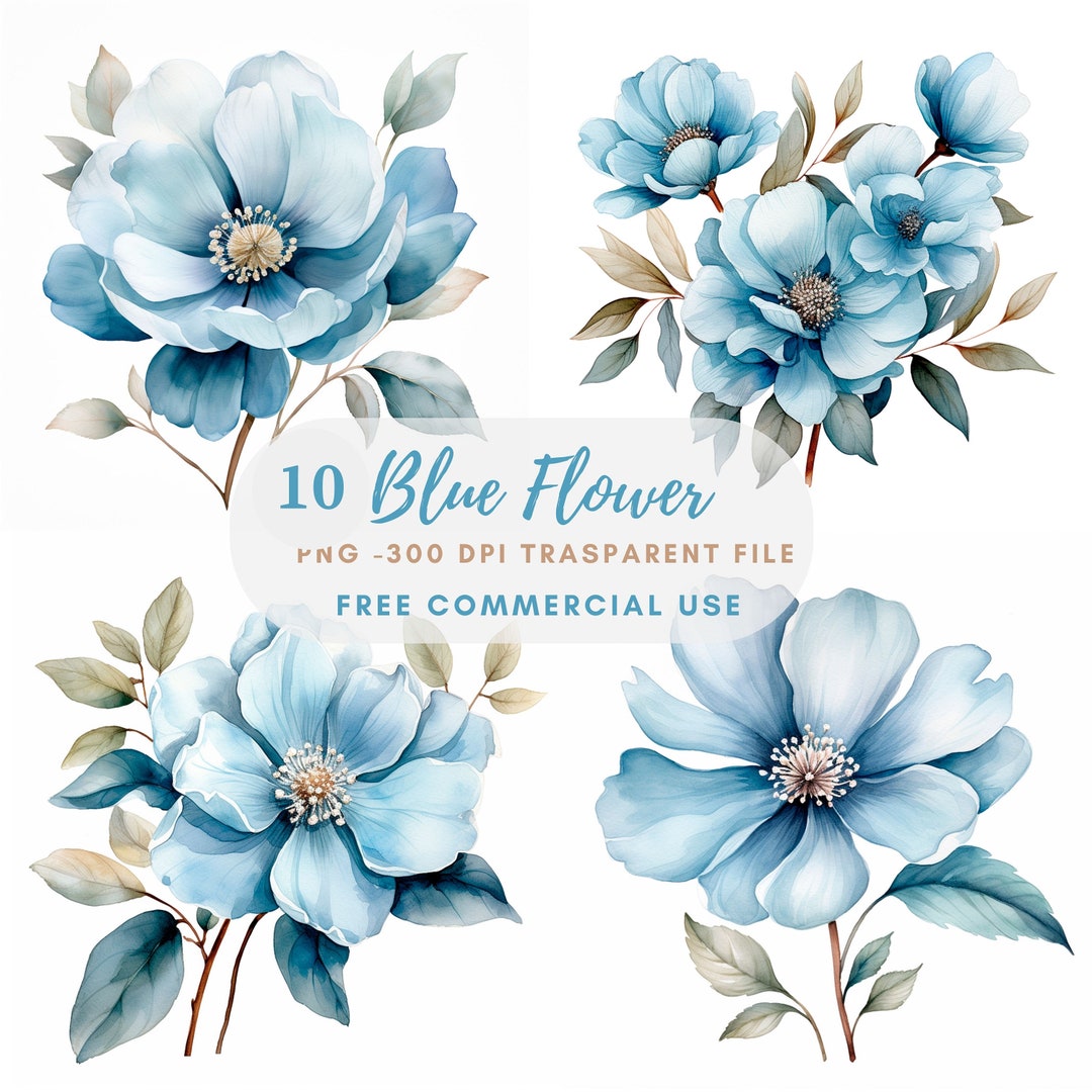 Blue Flower Clipart Bundle 10 High Quality PNG, Watercolor Floral ...