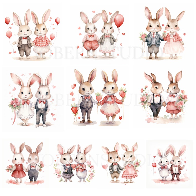 Valentine Bunny Clipart PNG Bundle 10 High Quality Jpg,watercolor ...