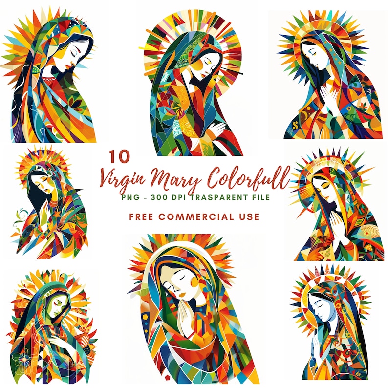 Virgin Mary Clipart,bundle 10 High Quality PNG, Colorful Vintage Holy ...