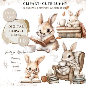 Bunny With Book Clipart PNG Bundle 10 High Quality, Watercolor Rabbit ...