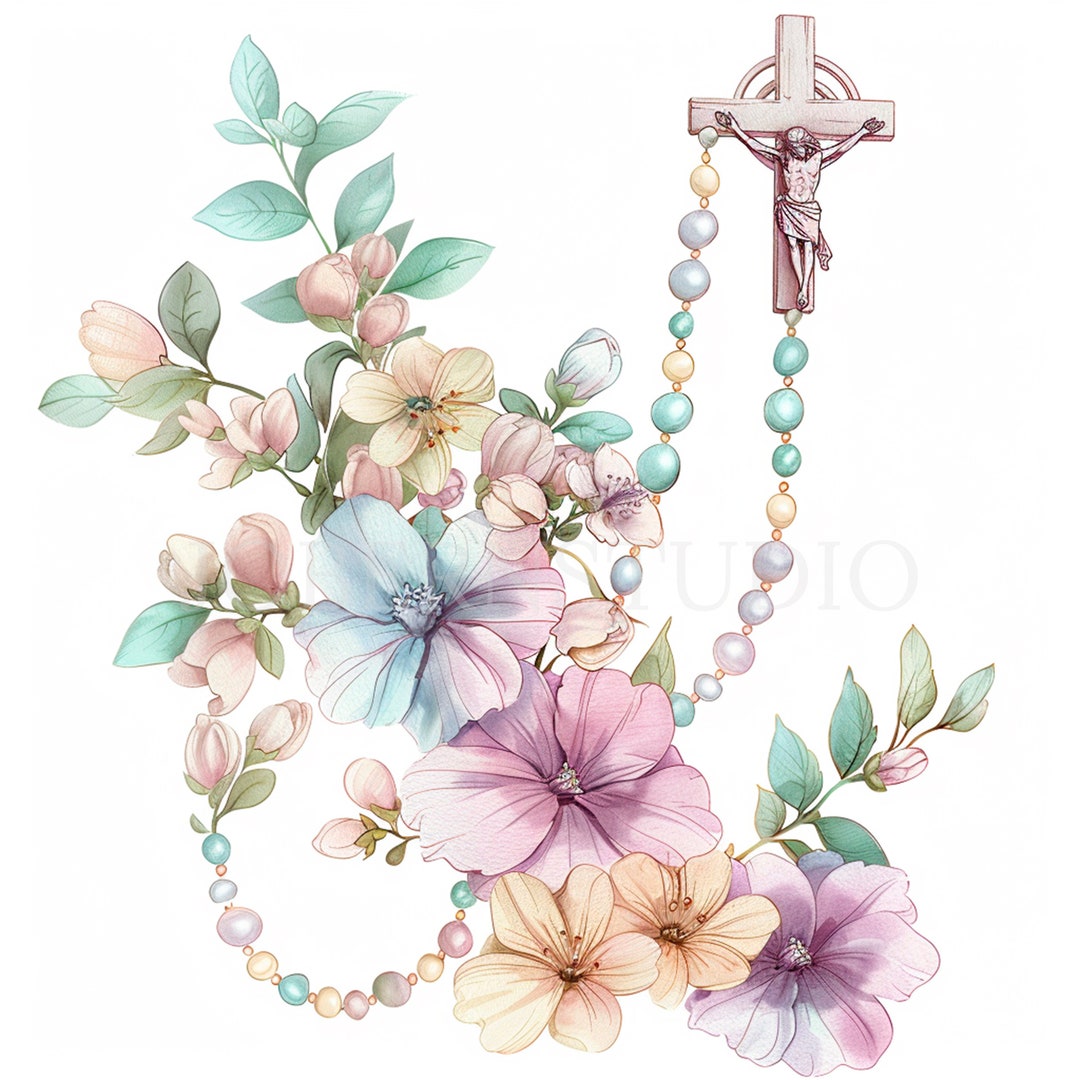 Flower Rosary Clipart Bundle 20 High Quality Png,cross Watercolor ...