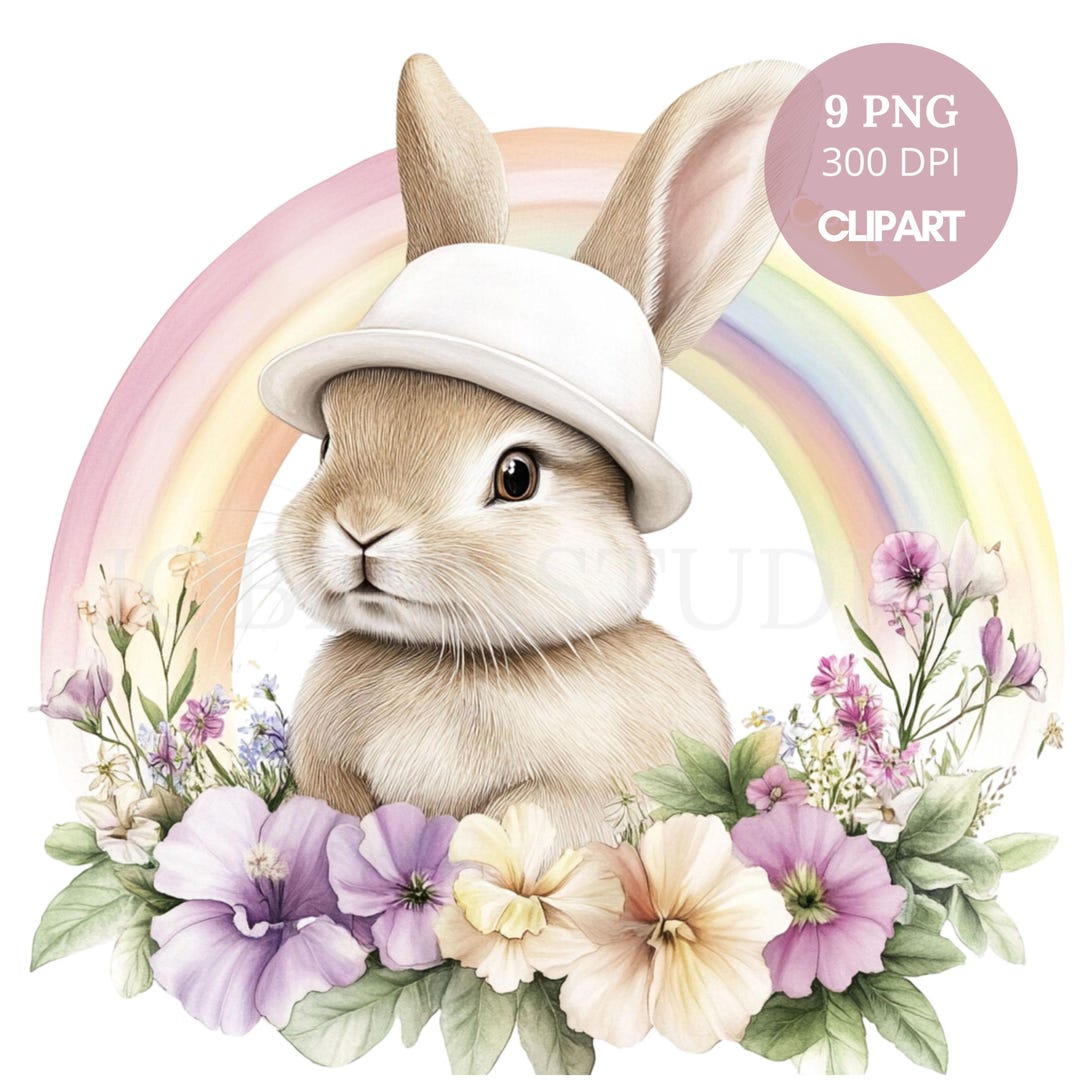 Easter Bunny Rainbow Clipart PNG Bundle 9 High Quality JPG, Watercolor ...