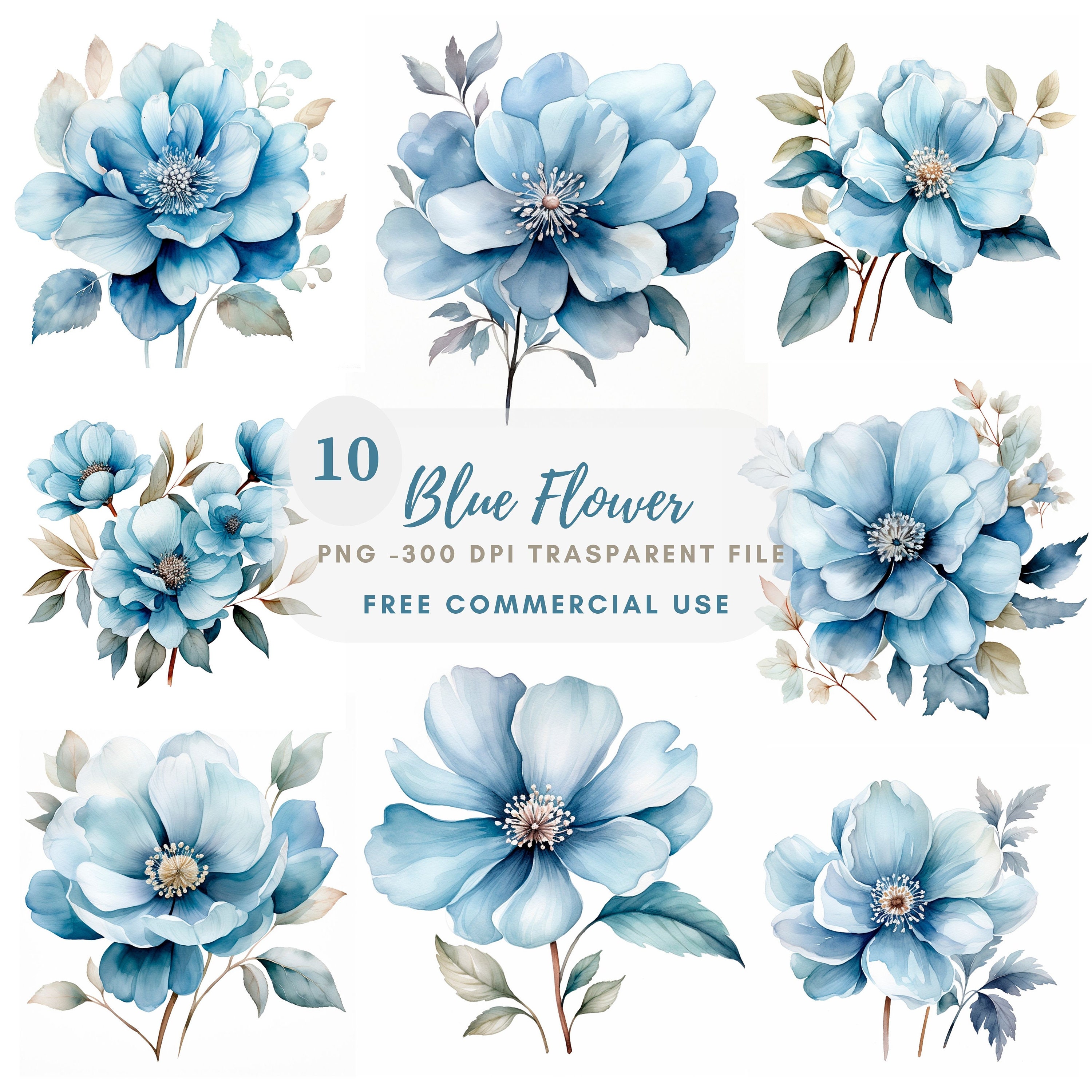 Blue Flower Clipart Bundle 10 High Quality PNG, Watercolor Floral ...