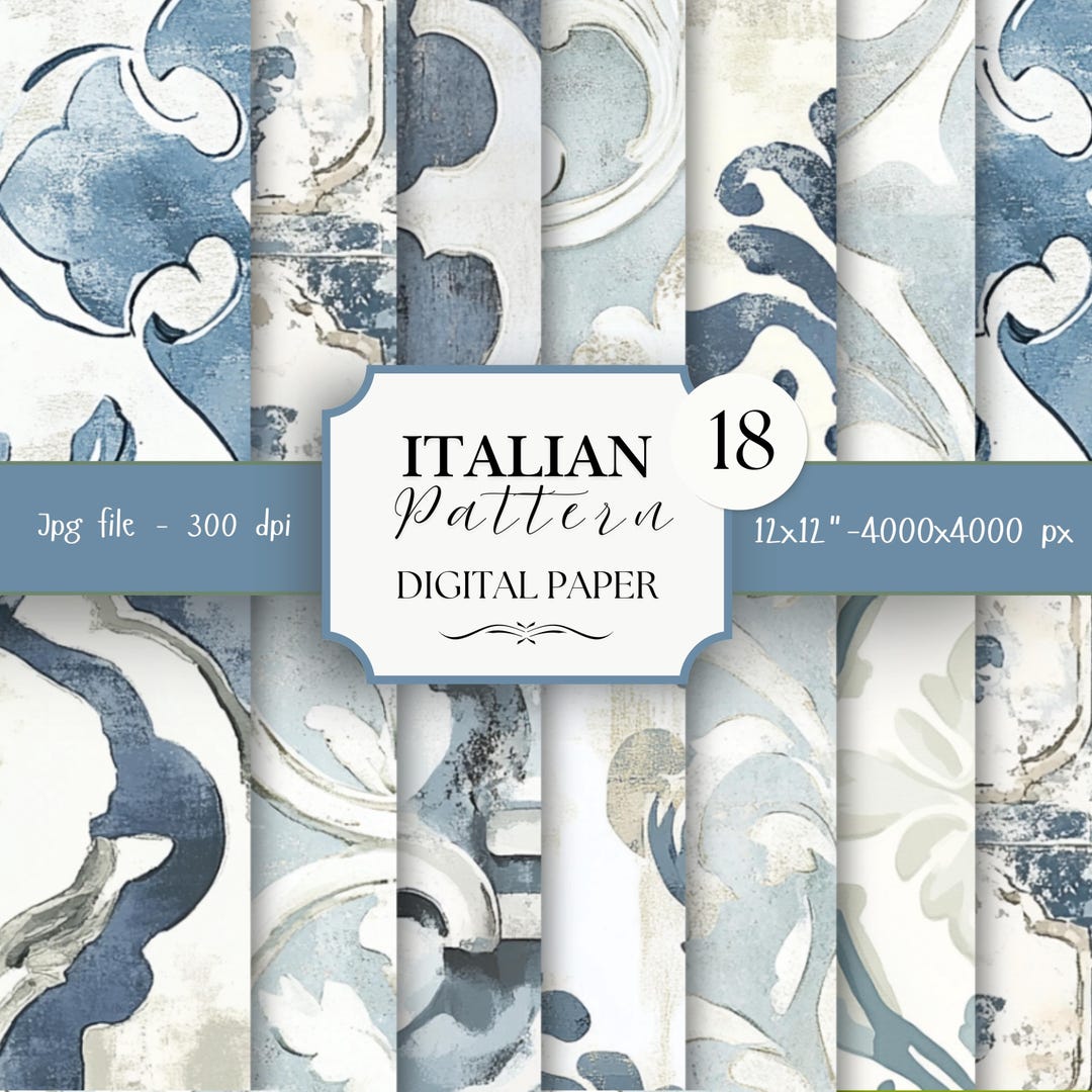Italian Blue Pattern Digital Paper Pack- Scrapbook Junk Journal Papers ...