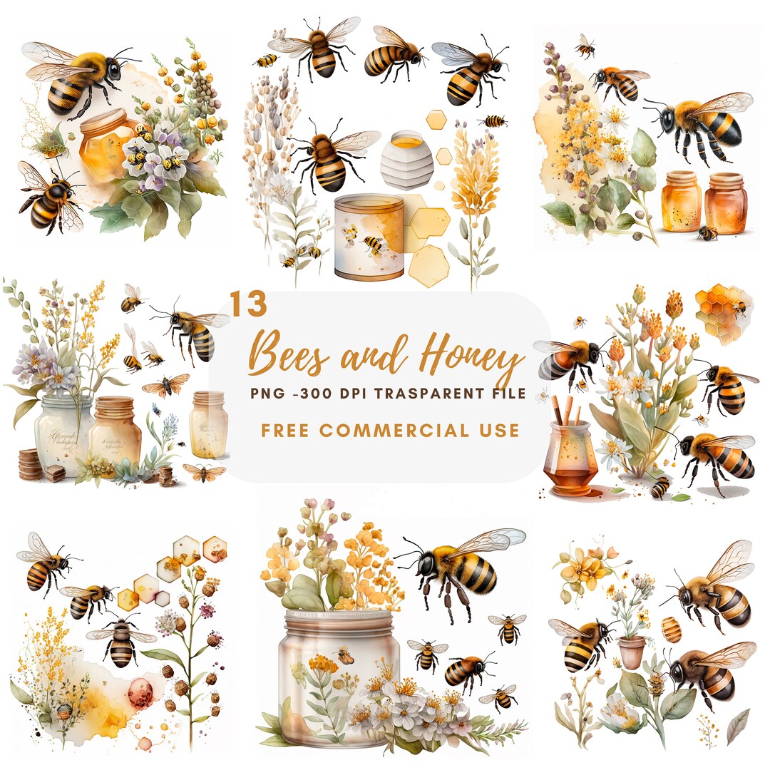 Bees and Honey Clipart PNG Bundle 13 High Quality JPG, Vintage Bee ...