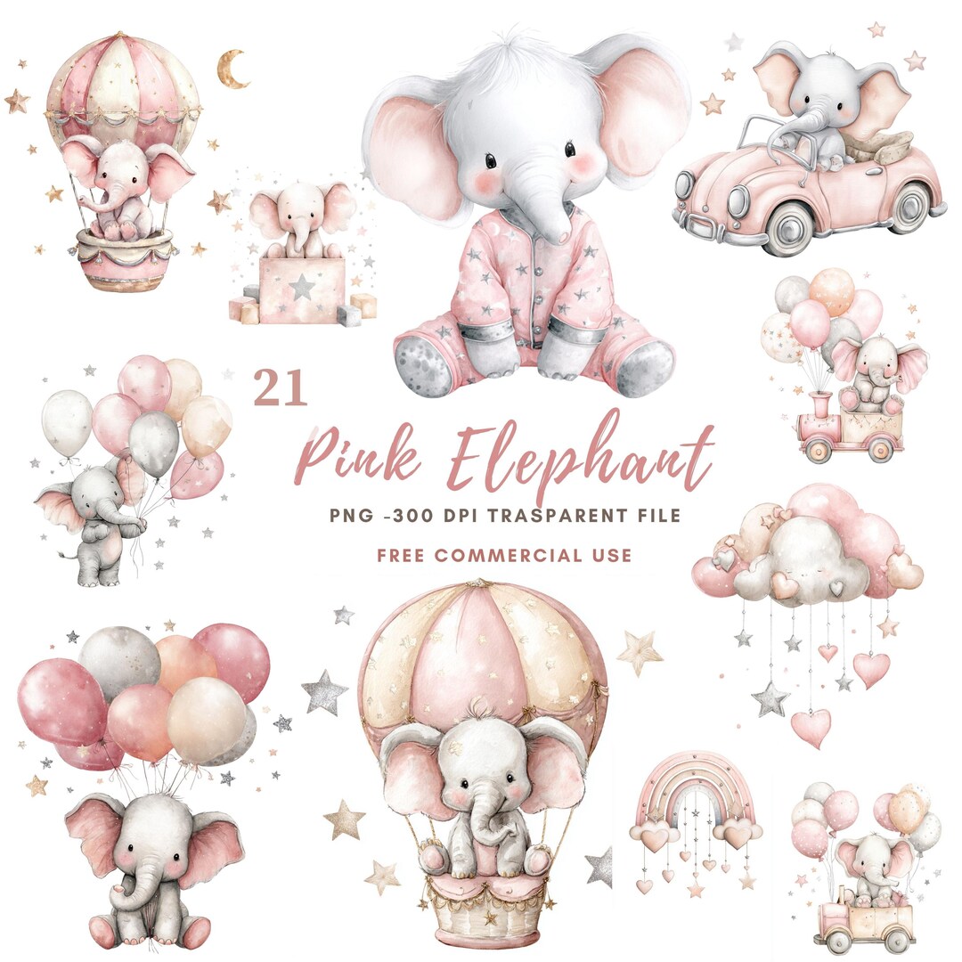 Pink Elephant Nursery Clipart PNG Bundle 21 High Quality| Watercolor ...