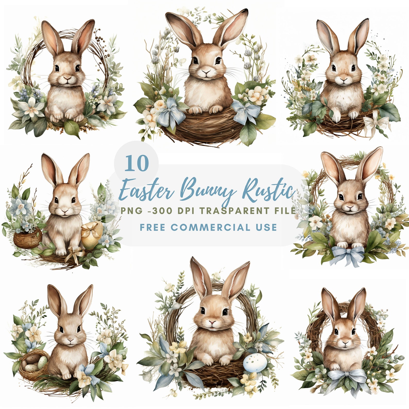 Easter Bunny Rustic Clipart PNG Bundle 10 High Quality JPG, Watercolor ...