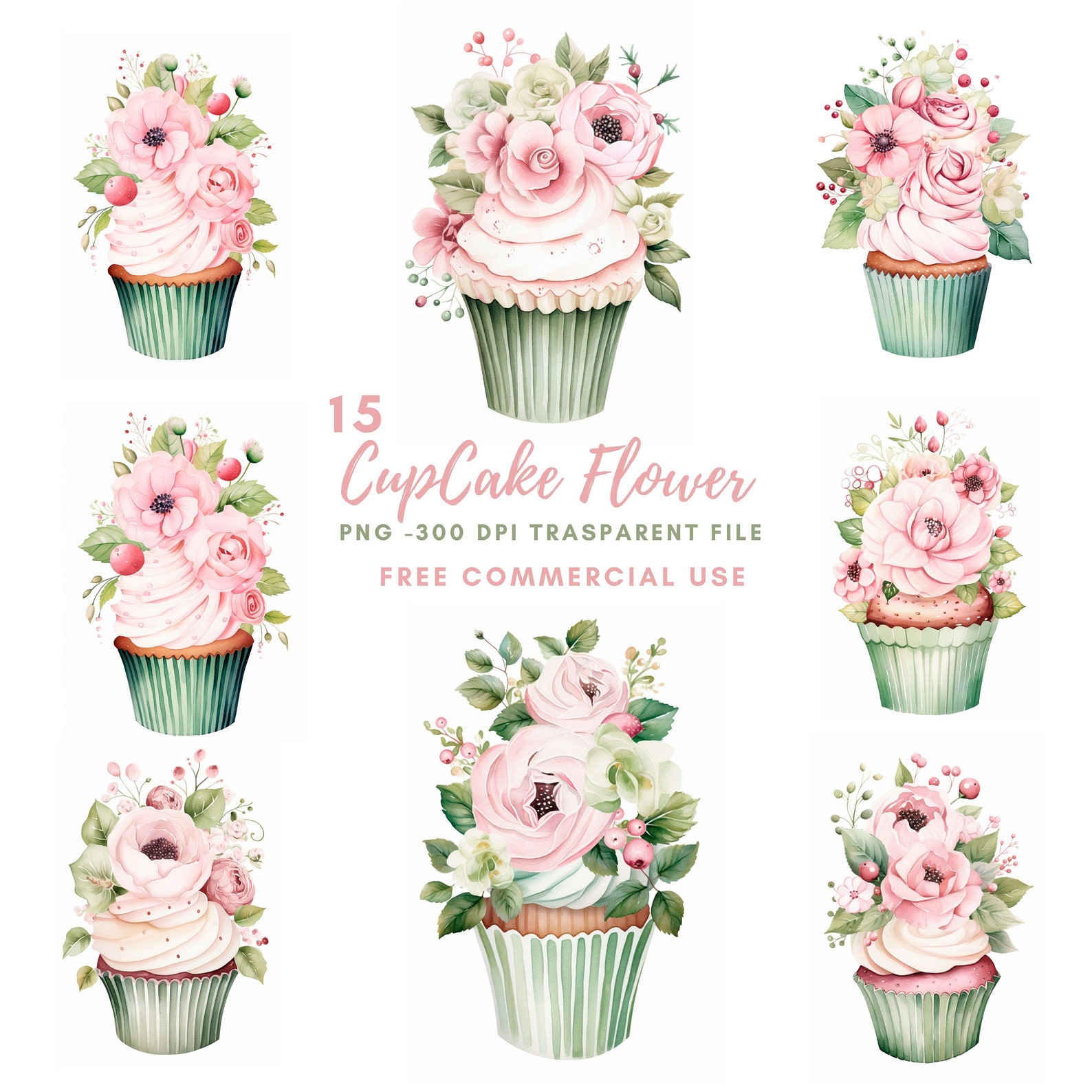 Flower Cupcake Clipart,bundle 15 High Quality Png,watercolor Floral ...