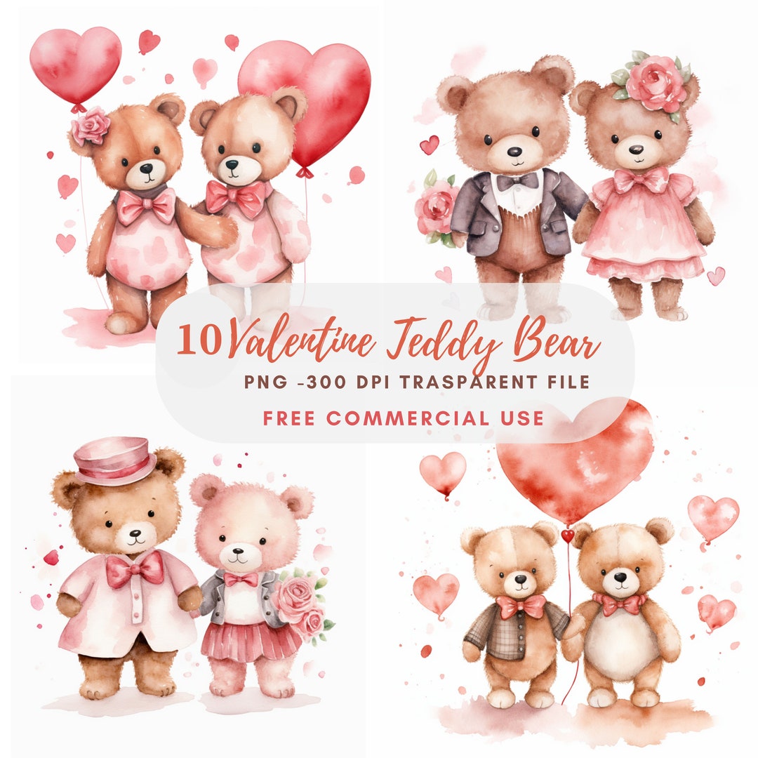 Valentine Teddy Bear Clipart PNG Bundle 10 High Quality,watercolor ...