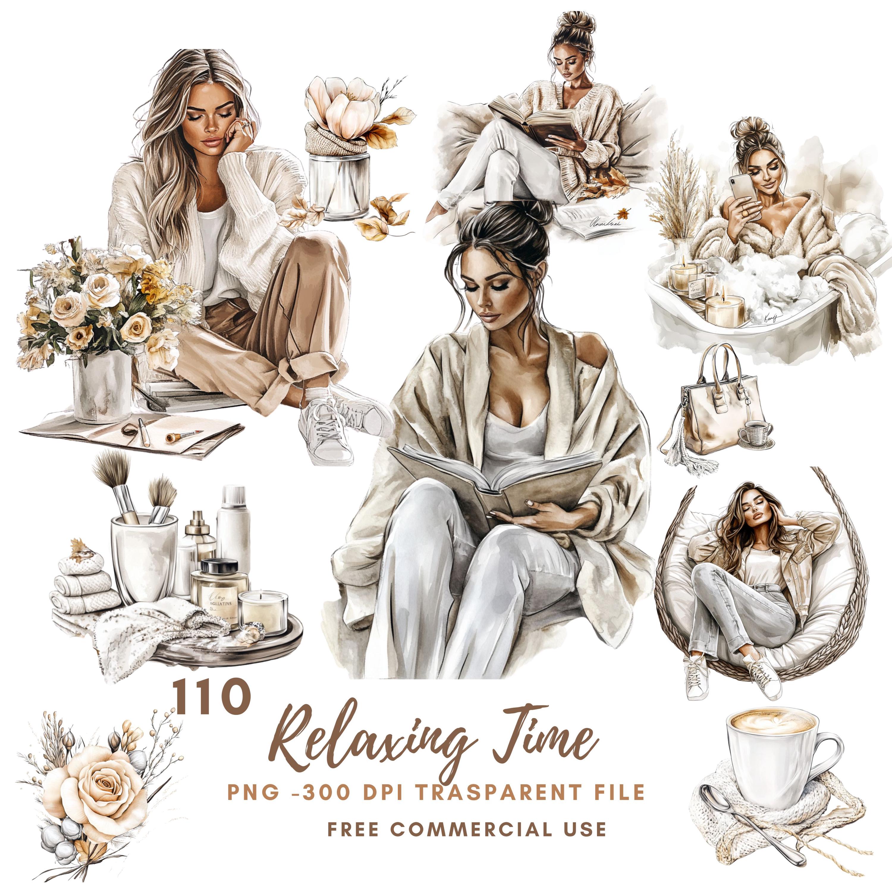Watercolor Relaxing Time Woman Clipart Png,bundle 110 High Quality ...