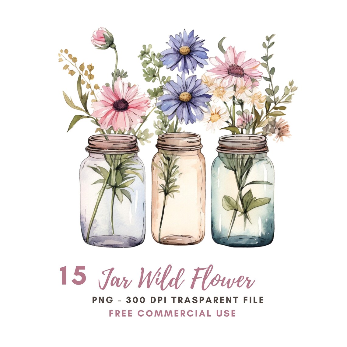 Jar of Flower Clipart Bundle 15 High Quality PNG, Watercolor Rustic ...