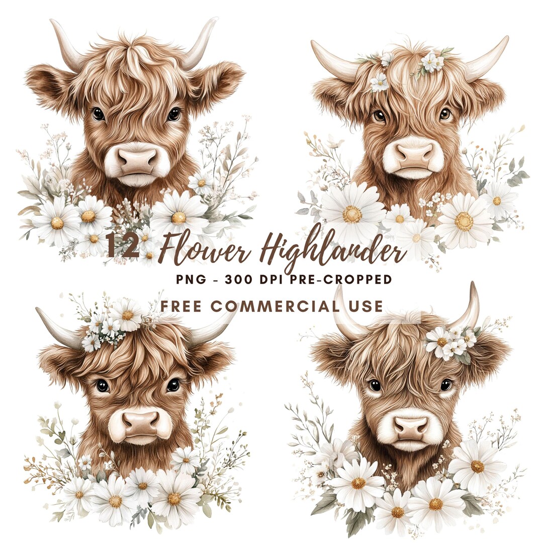 Flower Highlander Clipart PNG Bundle 12 High Quality,watercolor ...