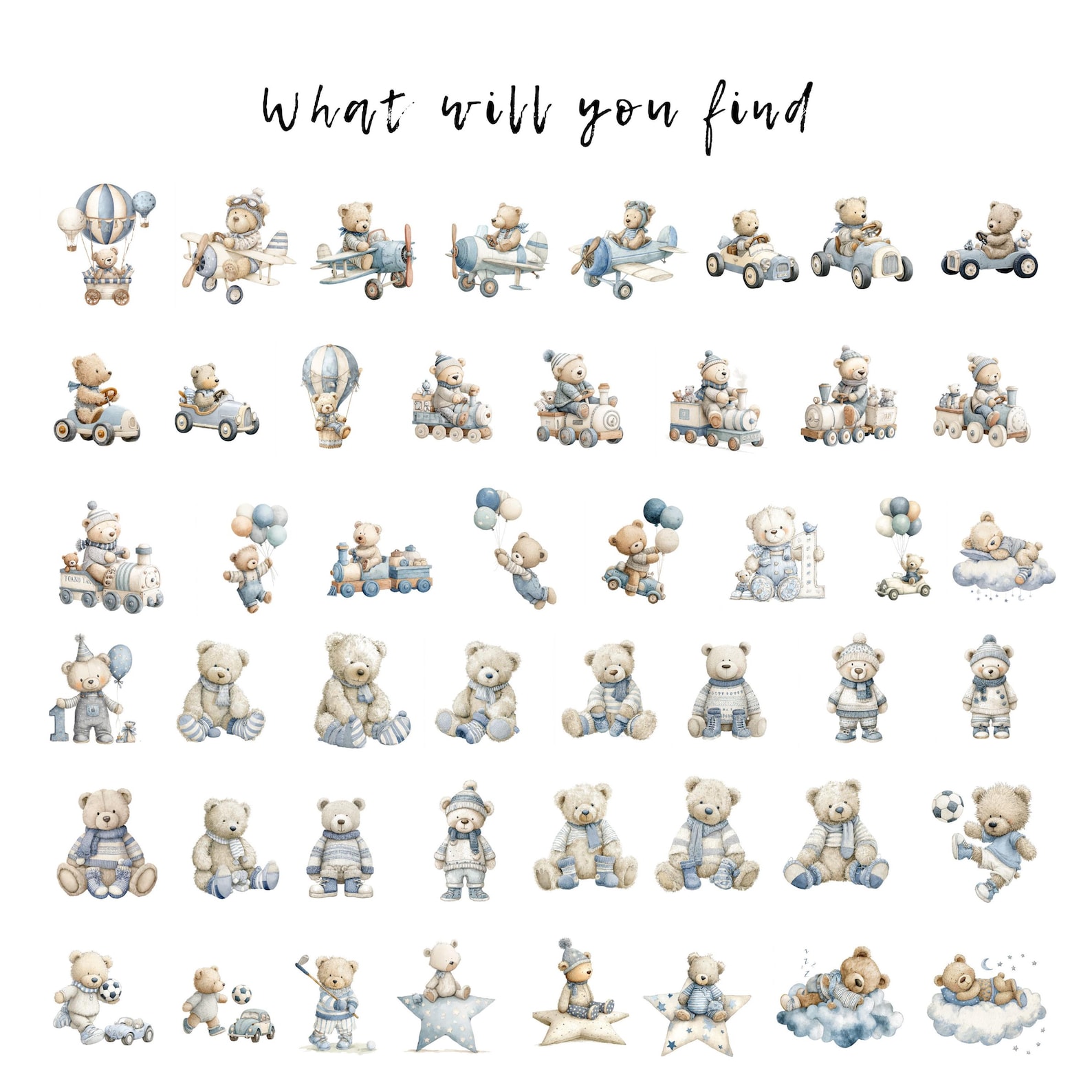 Blue Teddy Bear Nursery Clipart,bundle 48 Png,watercolor It's a Boy ...