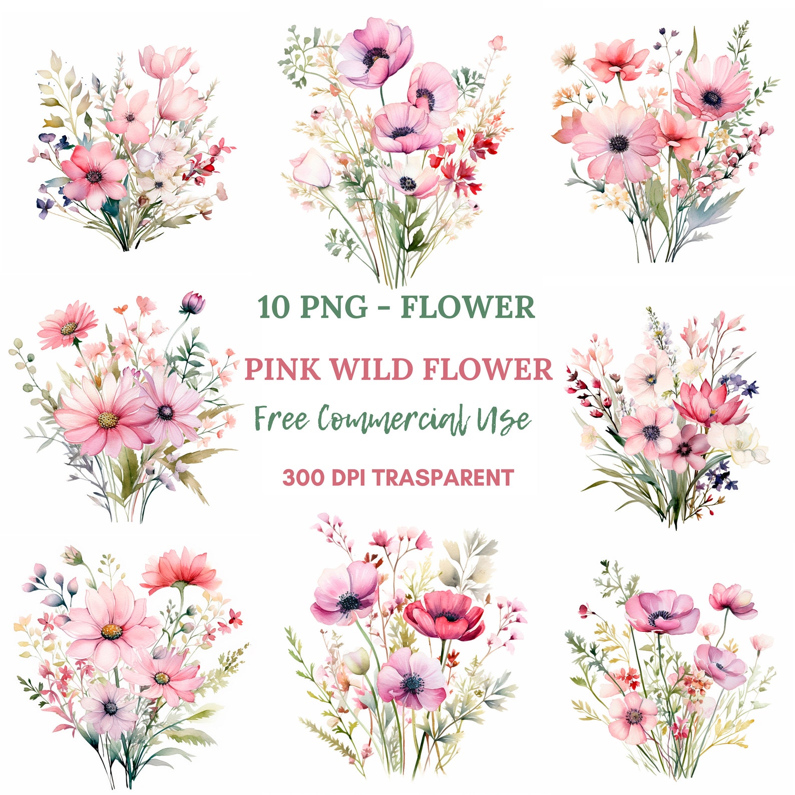 Pink Wild Flower Clipart Bundle 10 High Quality PNG, Watercolor Flower ...
