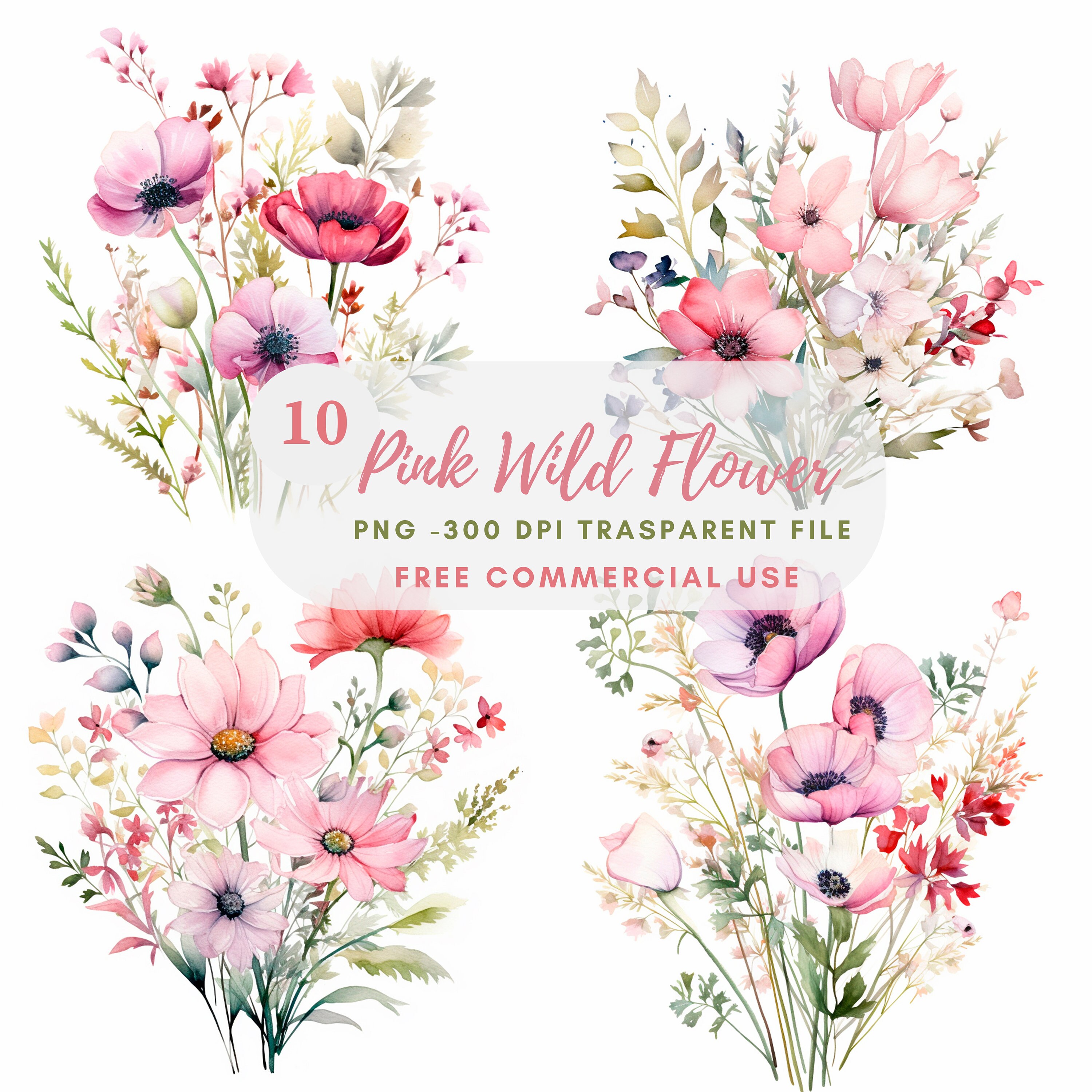Pink Wild Flower Clipart Bundle 10 High Quality PNG, Watercolor Flower ...
