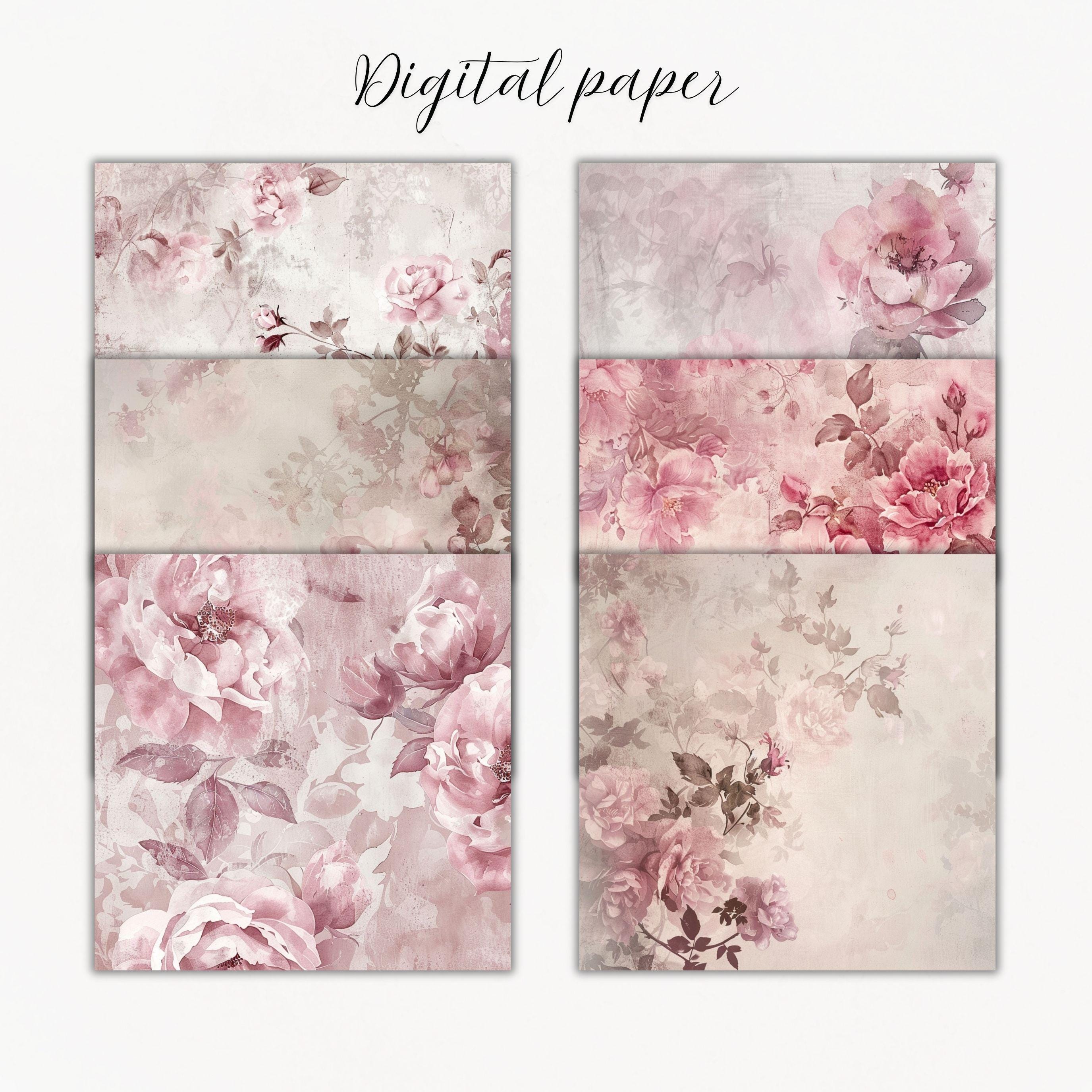 Pink Roses Flower Digital Paper Pack-13 Vintage Scrapbook Junk Journal ...
