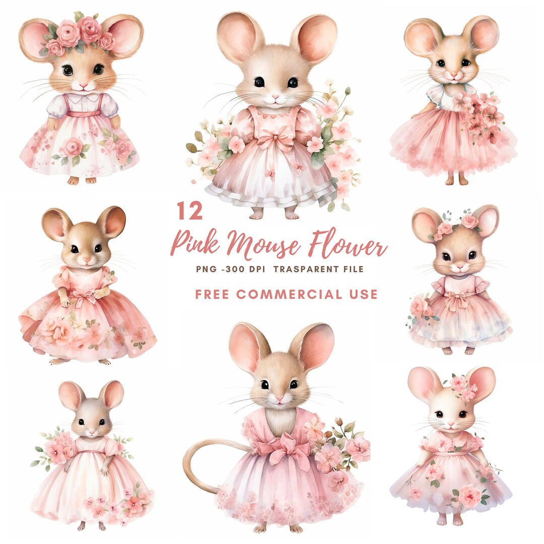 Pink Mouse Flower Clipart PNG Bundle 12 High Quality,watercolor Mouse ...