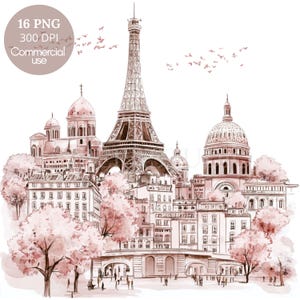 Paris Cityscape Clipart Png,bundle 16 High Quality,watercolor Pink City ...
