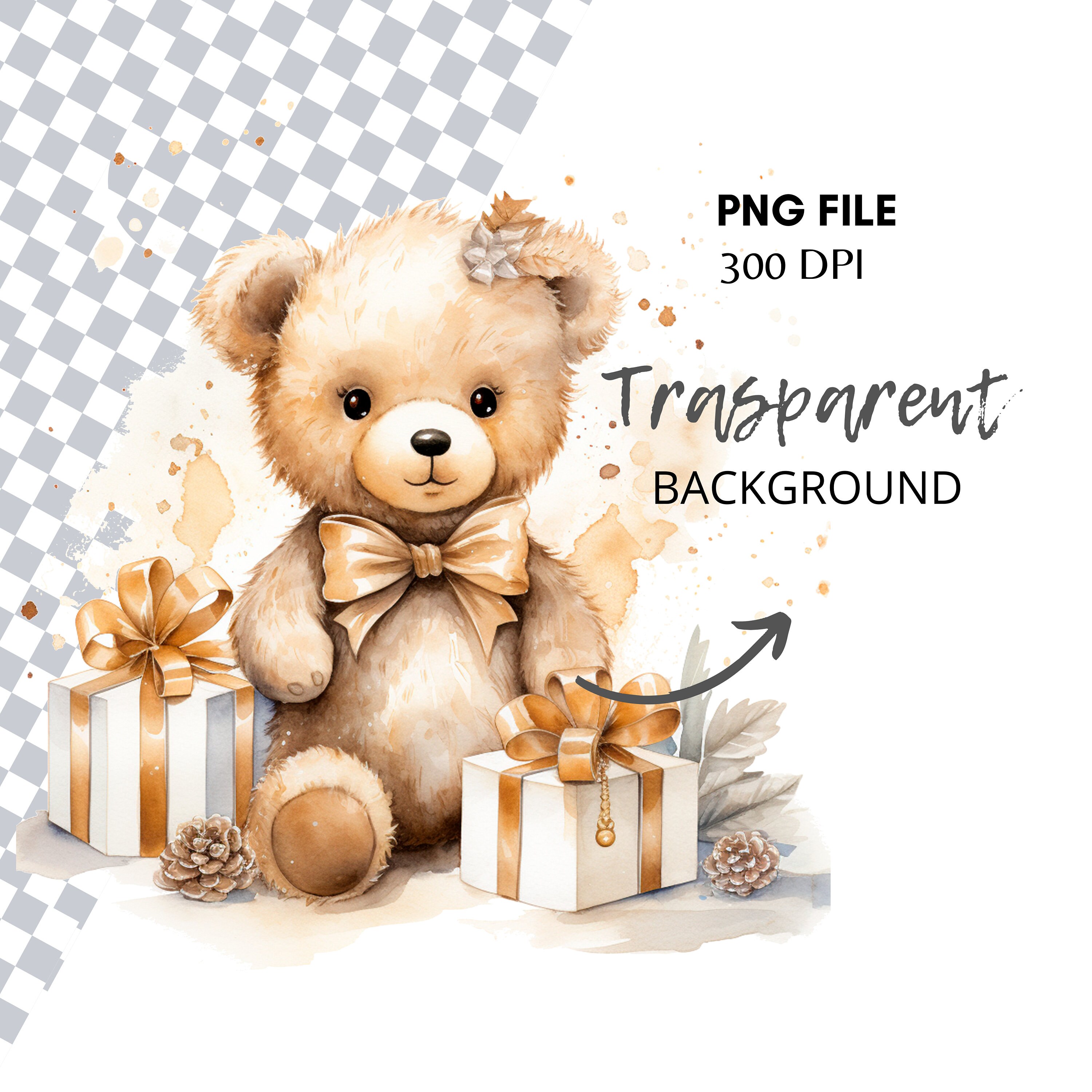 Christmas Teddy Bear, Watercolor Clipart PNG,15 High Quality Jpgs ...