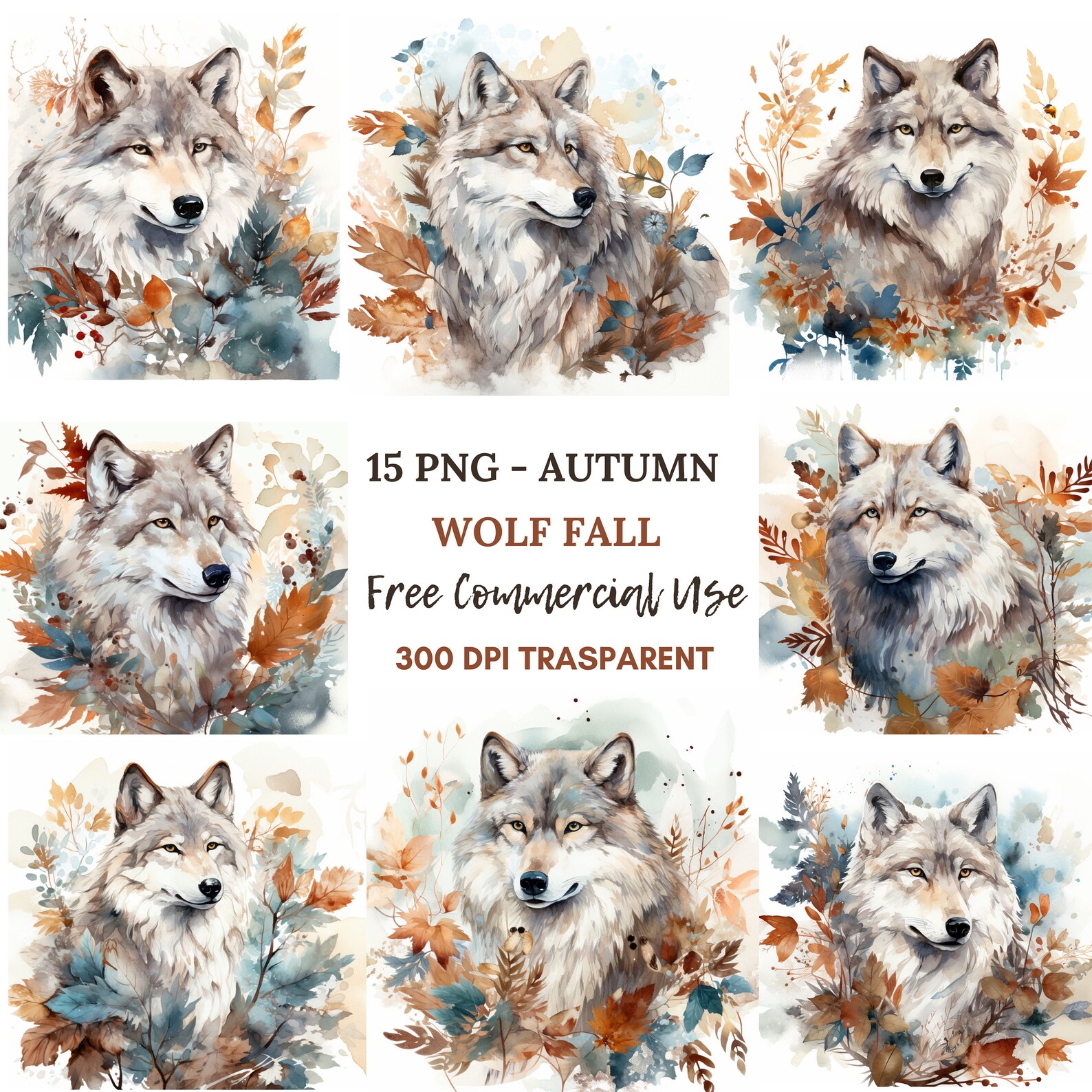 Wolf Fall Clipart Png,bundle 15 High Quality Jpg,watercolor Digital ...