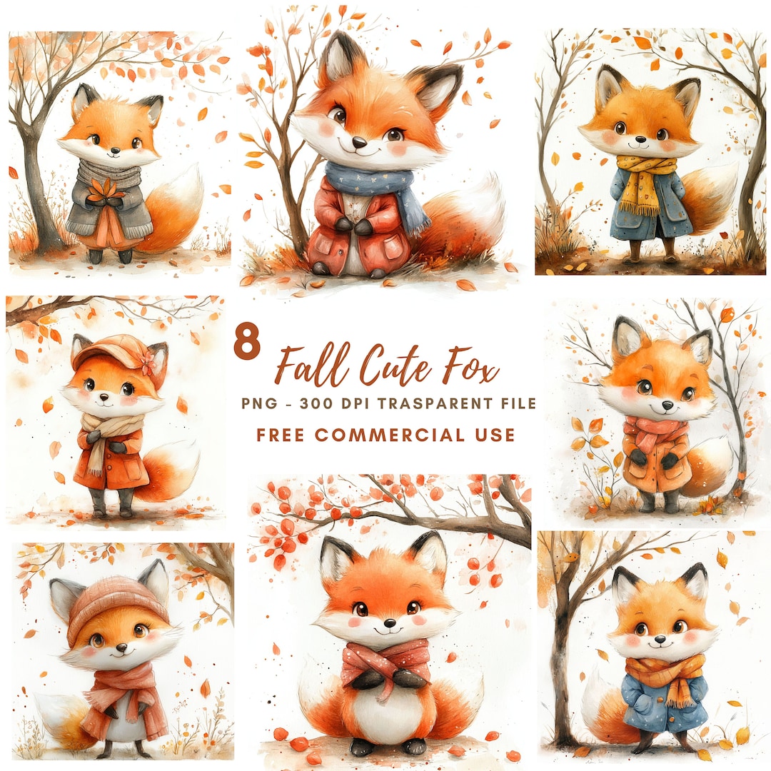 Watercolor Fox Clipart,bundle 8 High Quality Png,fall Autumn Fox,winter ...