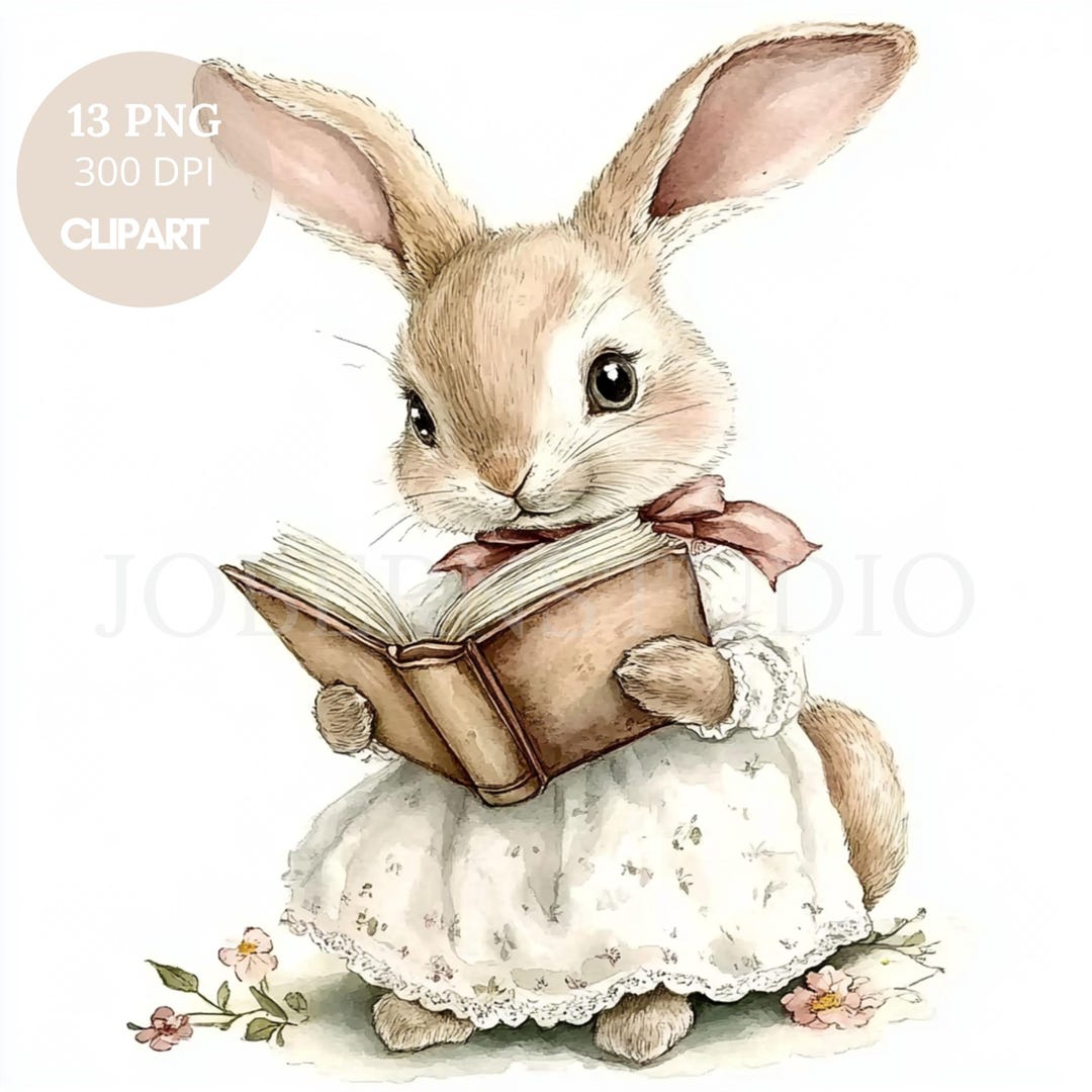 Bunny With Book Clipart PNG Bundle 13 High Quality, Watercolor Rabbit ...