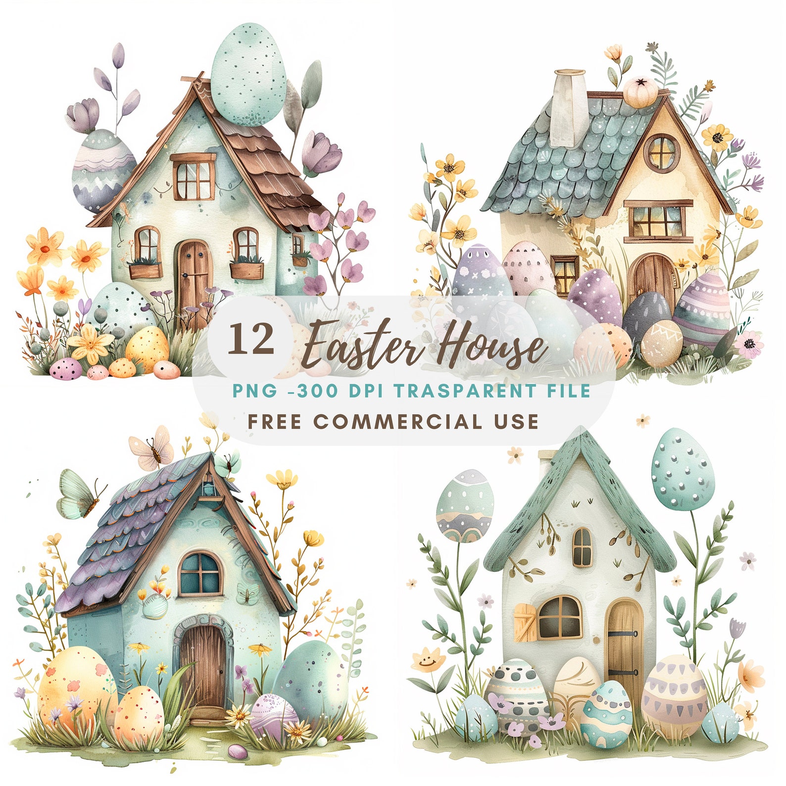 Easter House Clipart PNG Bundle 12 High Quality,watercolor Egg ...