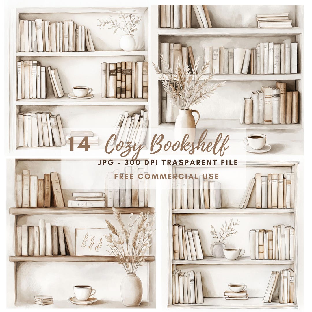 Cozy Bookshelf Clipart, Bundle 14 High Quality Png,watercolor Boho ...