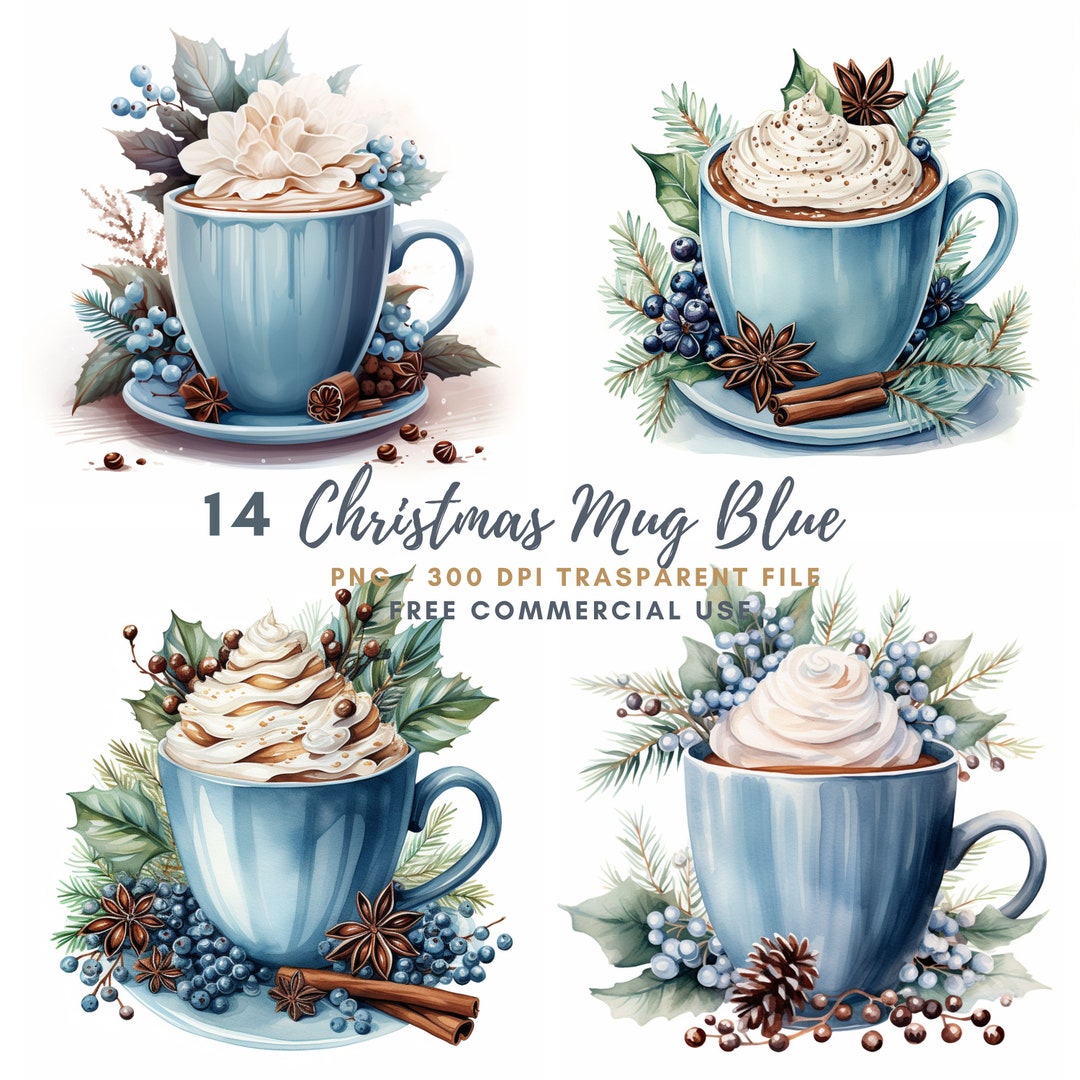 Christmas Mug Clipart Bundle 14 High Quality Png,watercolor Blue Cup ...
