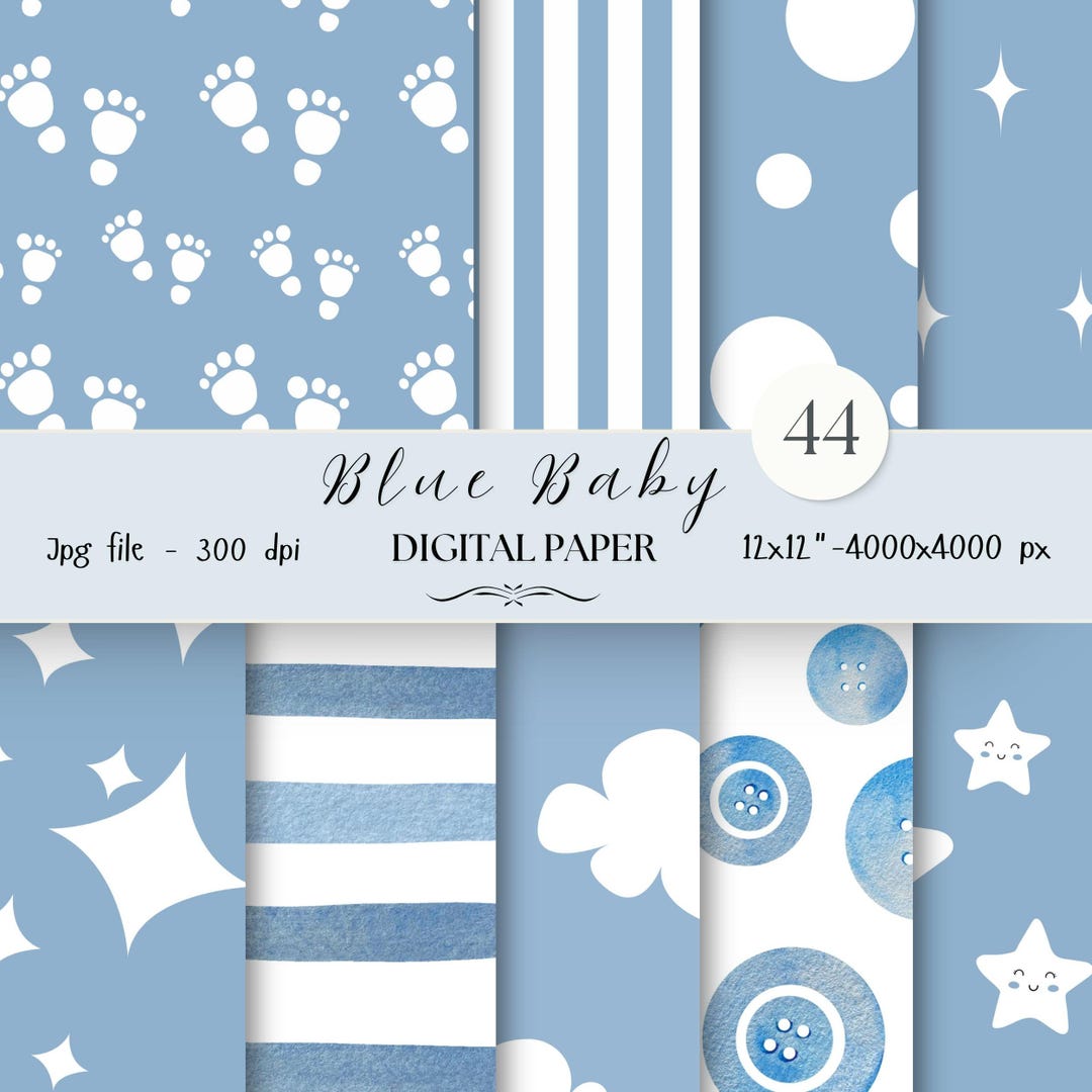Blue Cute Baby Digital Paper Pack- 44 Nursery Scrapbook Junk Journal ...