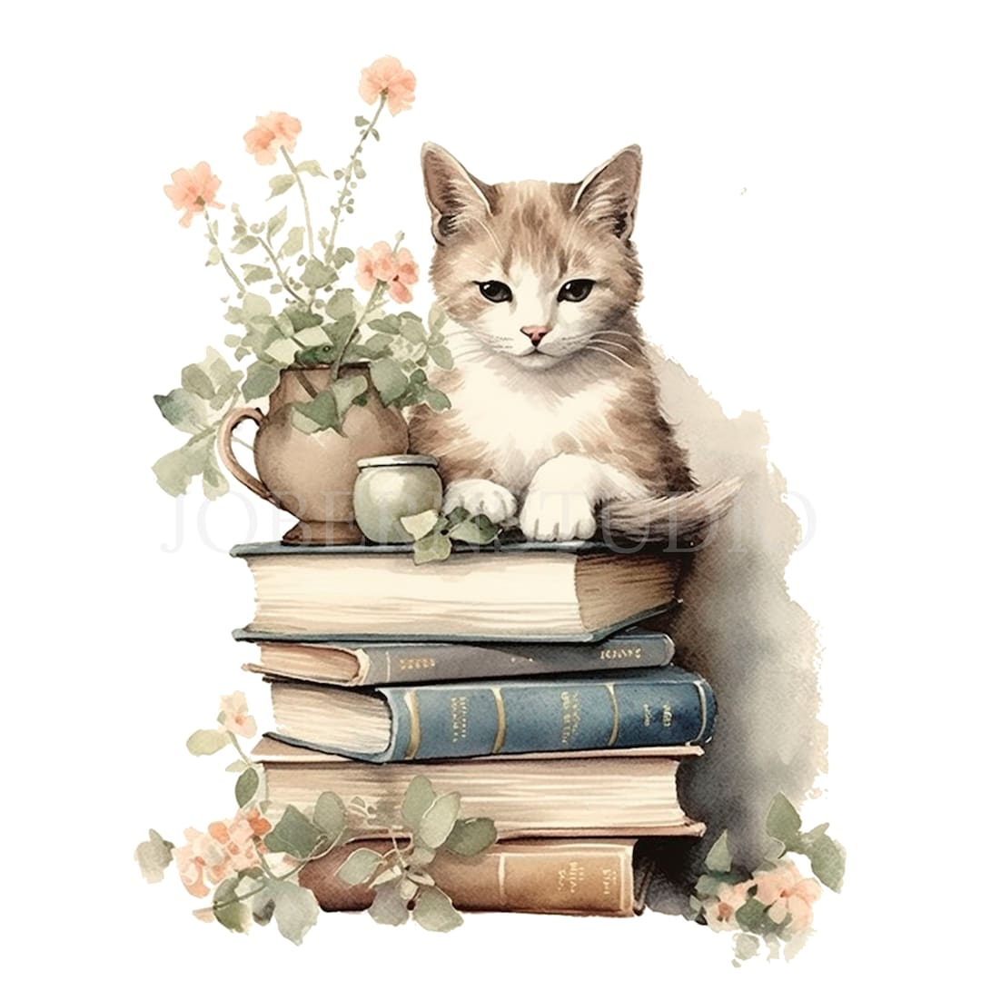Book and Cat Clipart Bundle 15 High Quality Png,watercolor Home Decor ...
