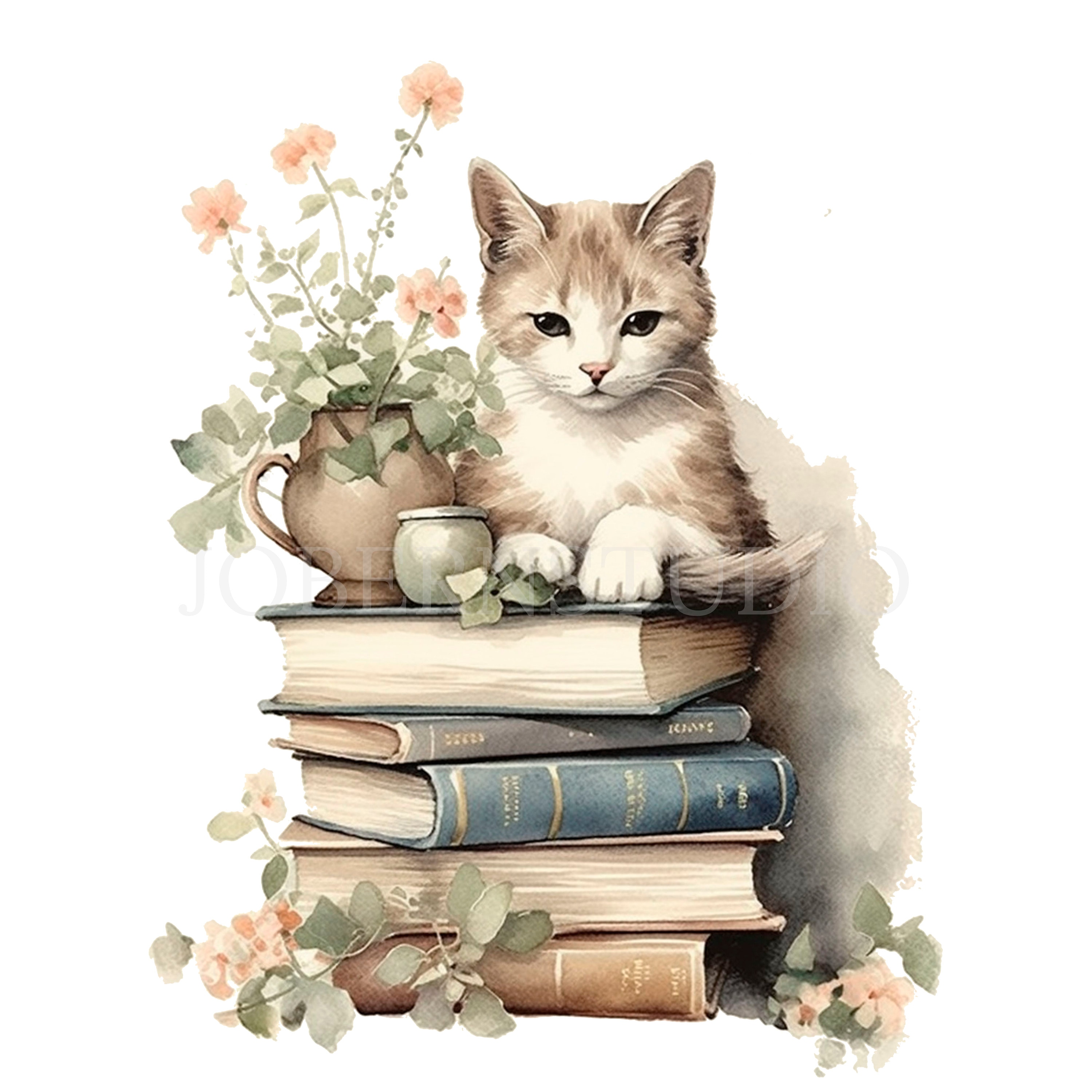 Book and Cat Clipart Bundle 15 High Quality Png,watercolor Home Decor ...