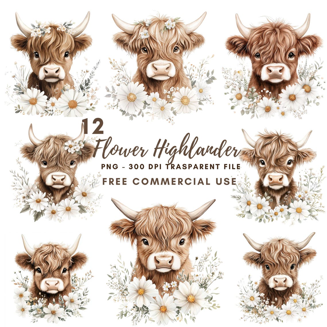 Flower Highlander Clipart PNG Bundle 12 High Quality,watercolor ...